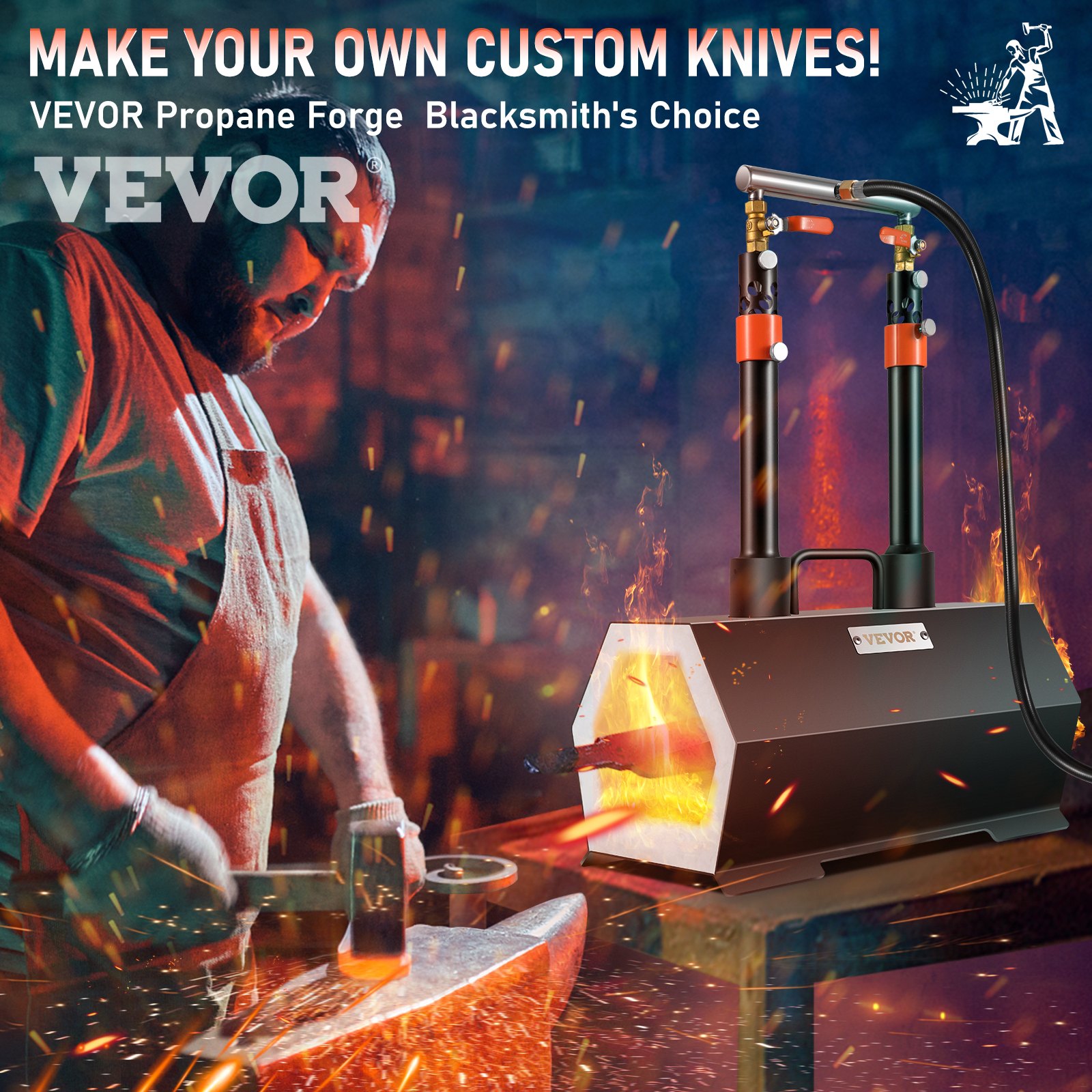 VEVOR Propane Forge Portable, Double Burner Tool and Knife Making, Large Capacity Blacksmith ...