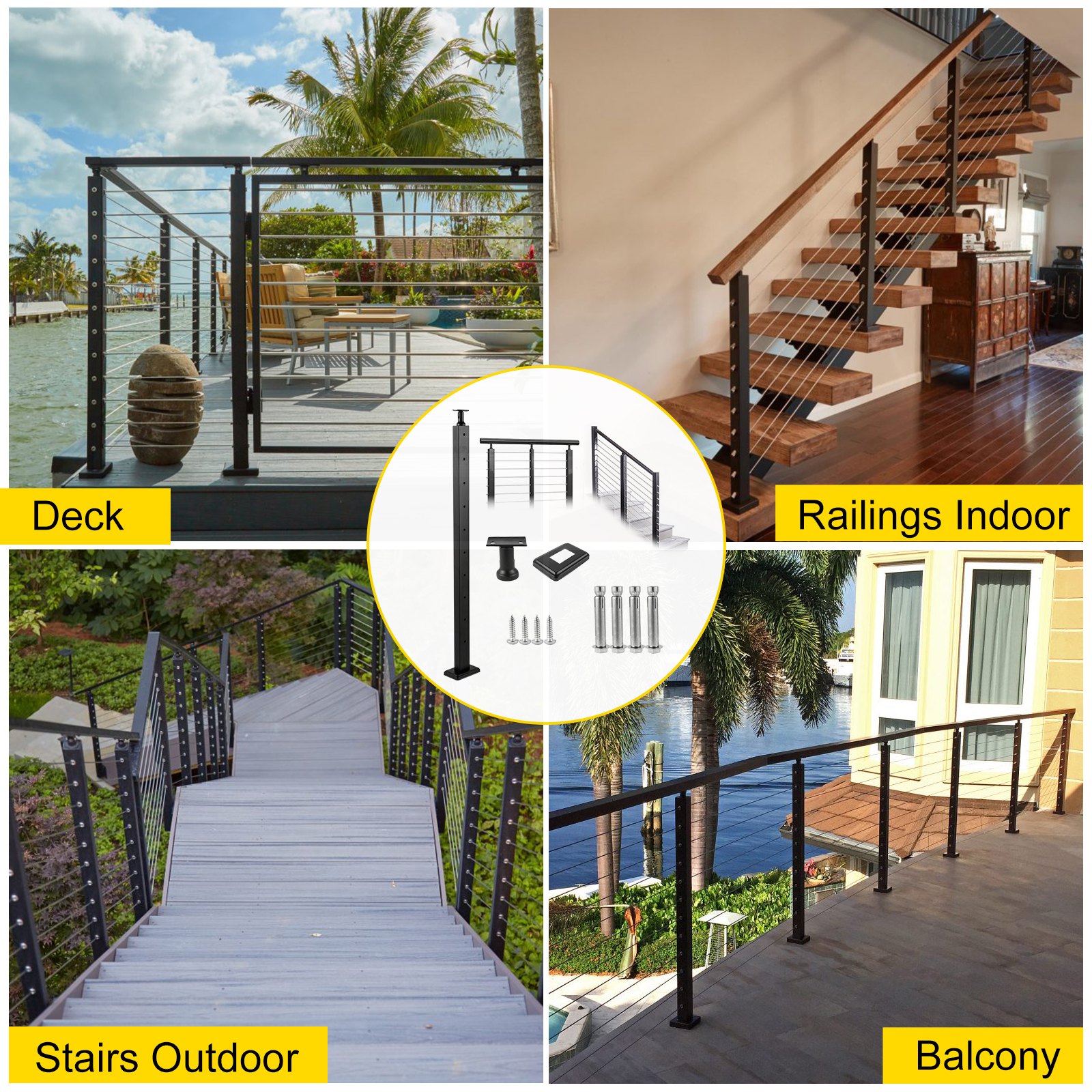 VEVOR VEVOR Cable Railing Post Deck Railing 42x1x2" Black Post w/ Pre ...