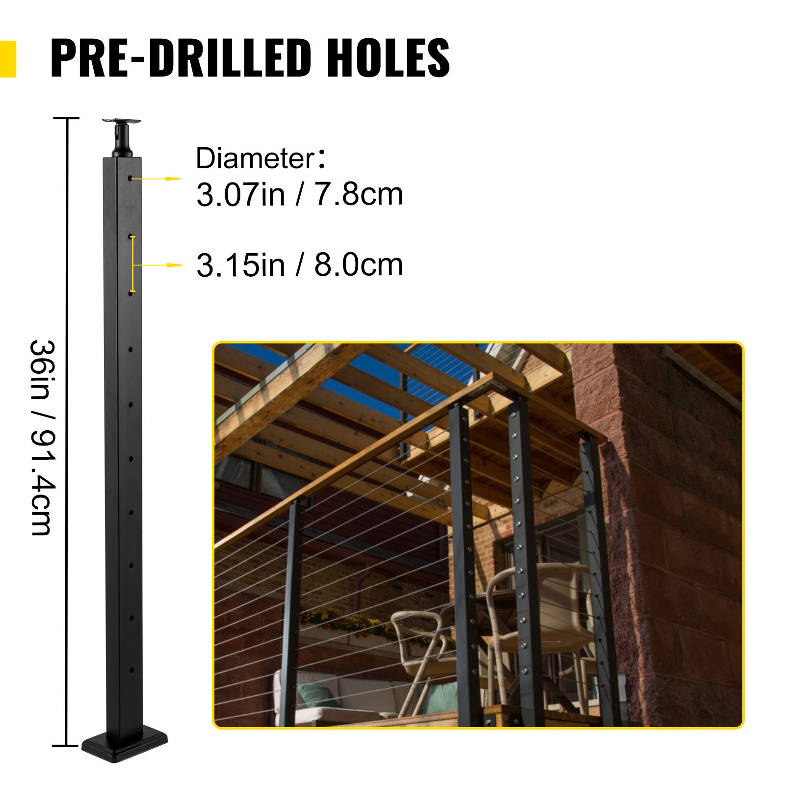 VEVOR Cable Railing Post Deck Railing 36x1x2" Black Post w/ Pre-Drilled ...