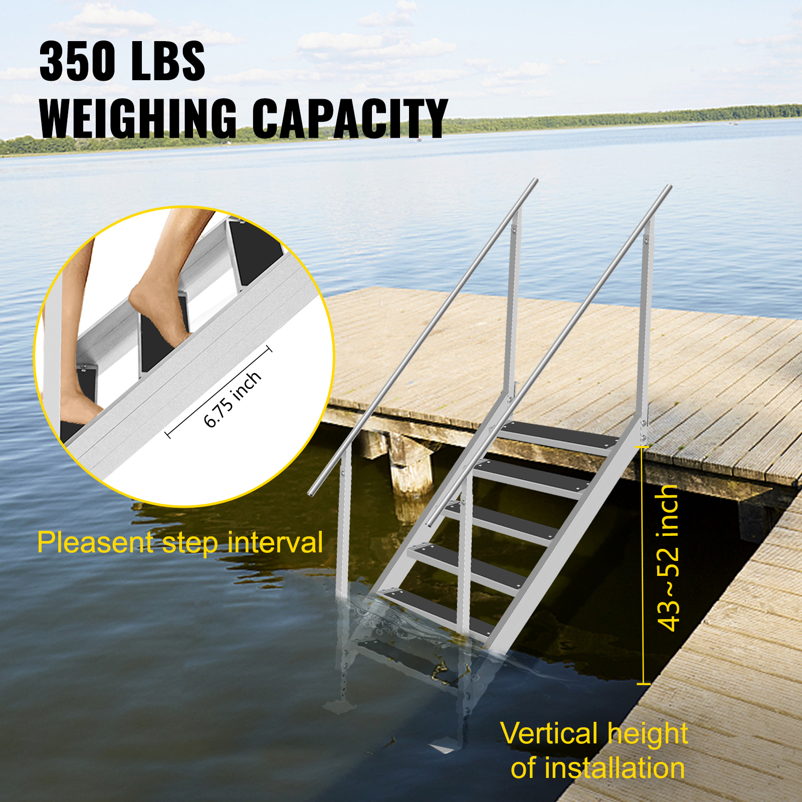 VEVOR Dock Ladder with Rubber Mat, Dock Steps 30"-39" Adjustable Height ...