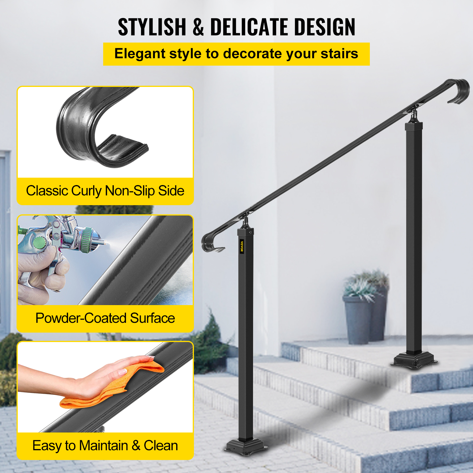 Vevor Wrought Iron Handrail Stair Railing Fit 2 Or 3 Stepsadjustable ...