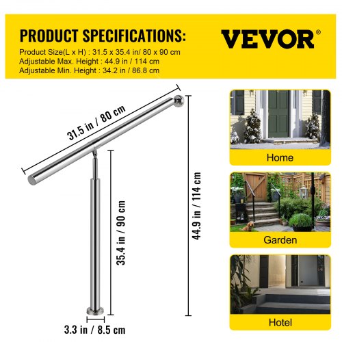 Outdoor Stair Railing Step Handrail 304 Stainless Steel 31.5x35.4 ...