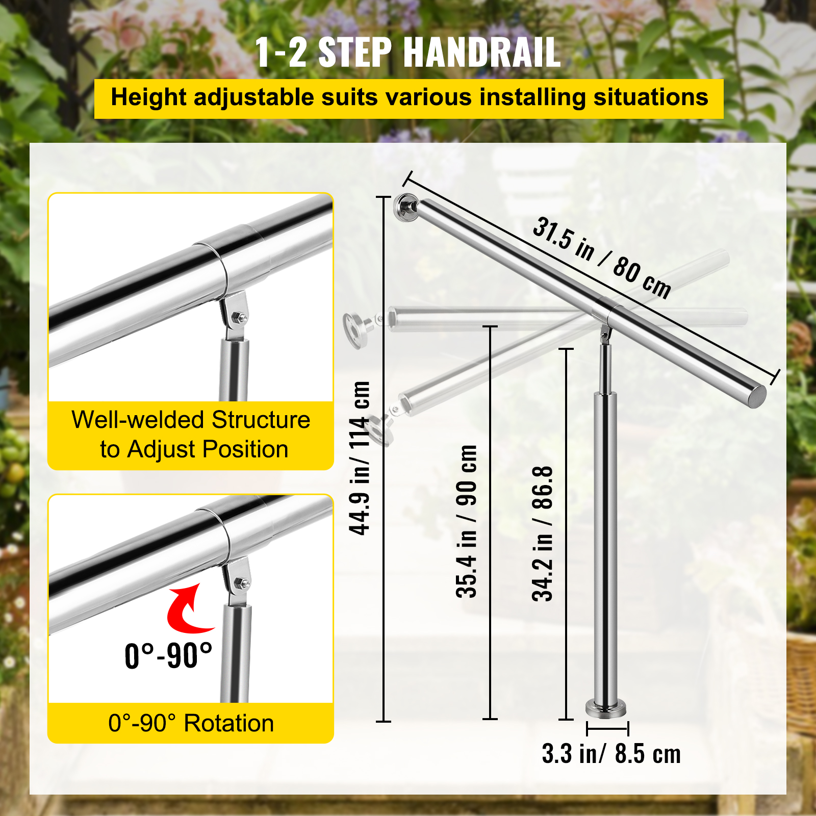 Outdoor Stair Railing Step Handrail 304 Stainless Steel 31.5x35.4 ...