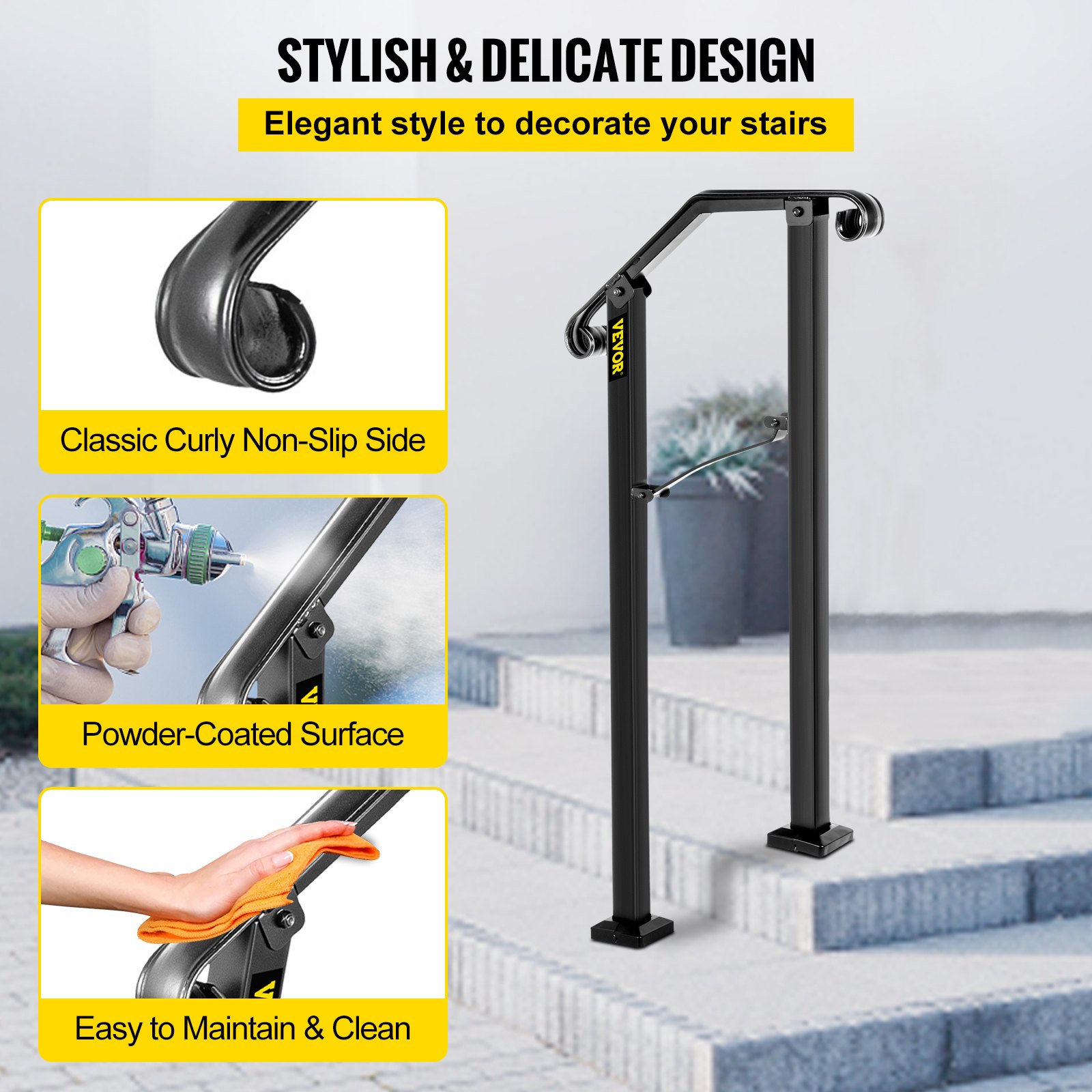 VEVOR Outdoor Hand Rail 1 - 2 Steps Iron Handrail Adjustable Stair ...