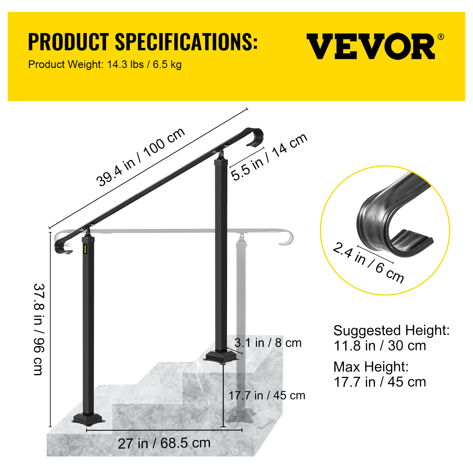 VEVOR VEVOR Wrought Iron Handrail Stair Railing Fit 1-3 Steps ...