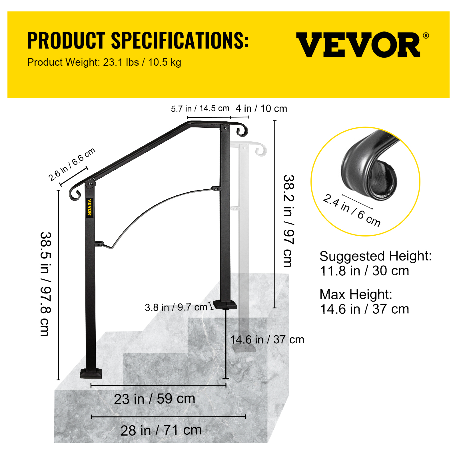 Iron Handrail Arch Step Hand Rail #2 Railing Rail Fits 2 Steps Paver ...