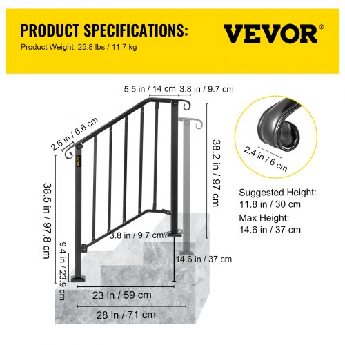 Iron Handrail Picket #2 Hand Railing Rail Fits 2 Steps Black Fit Home ...