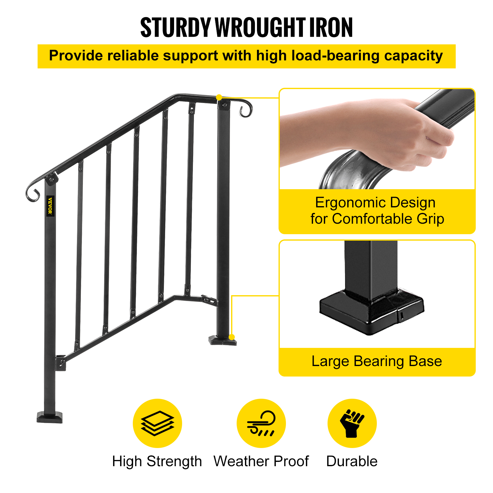 VEVOR VEVOR Iron Step Handrail Outdoor Stairs 2 or 3 Steps Adjustable ...