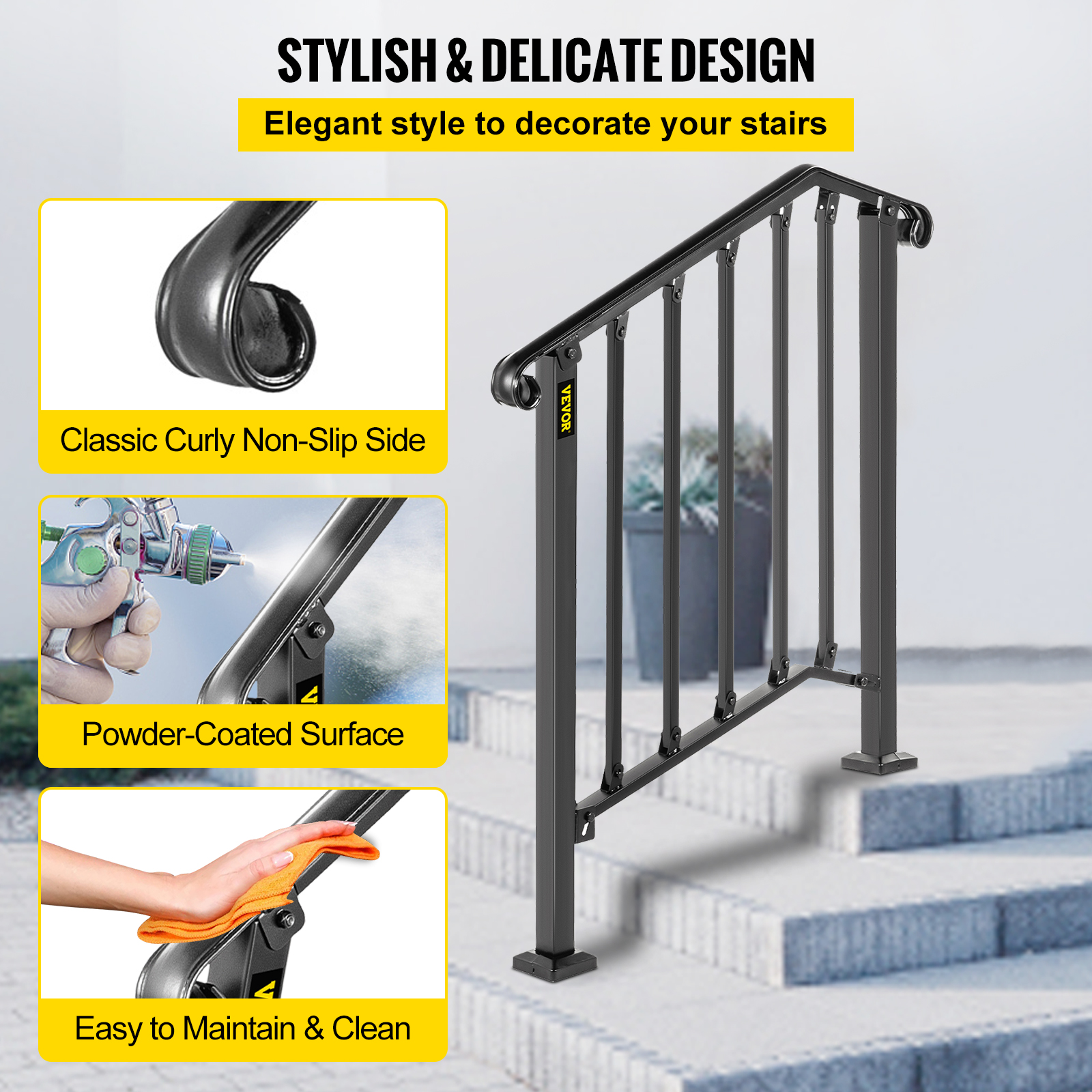 Iron Handrail Picket #2 Hand Railing Rail Fits 2 Steps Black Fit Home ...