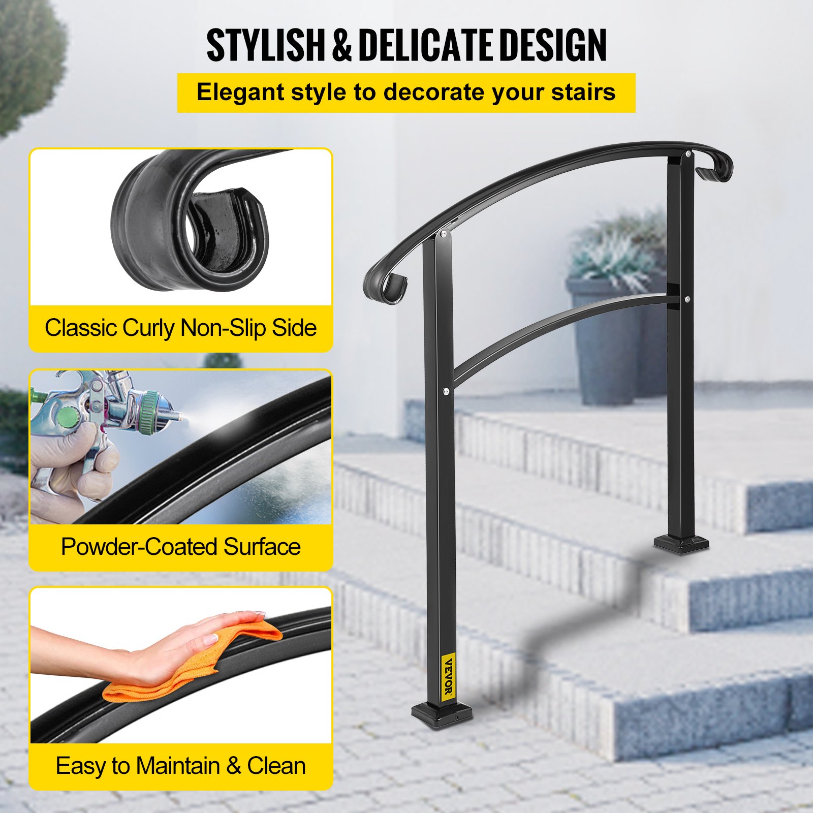 VEVOR 3-Step Transitional Handrail Fits 1 or 3 Steps Matte Stair Rail ...