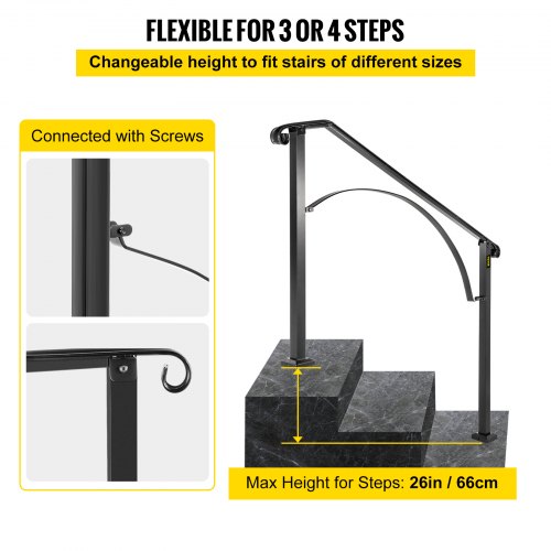 Iron Handrail Arch Hand Railing Rail Fits 3 Steps Black For Garden ...