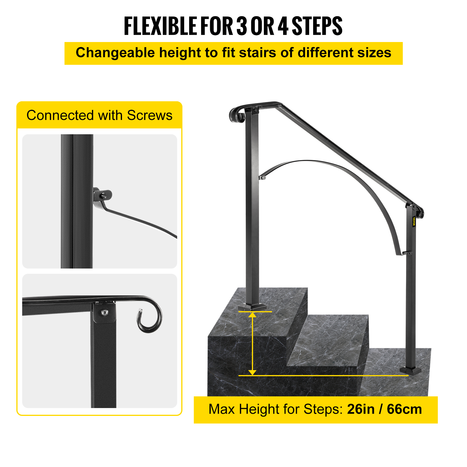 Iron Handrail Arch Hand Railing Rail Fits 3 Steps Black For Garden ...
