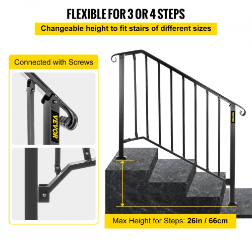VEVOR VEVOR Iron Step Handrail Stair Railing Kit Fit 3 Steps Black ...