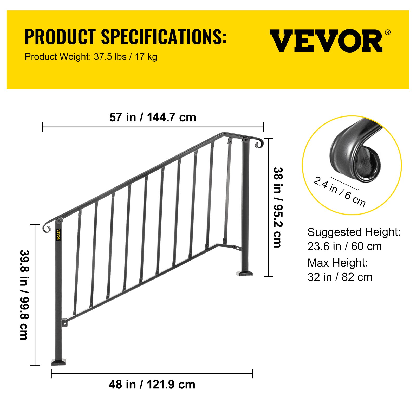 VEVOR Handrails for Outdoor Steps, Fit 4 or 5 Steps Outdoor Stair ...