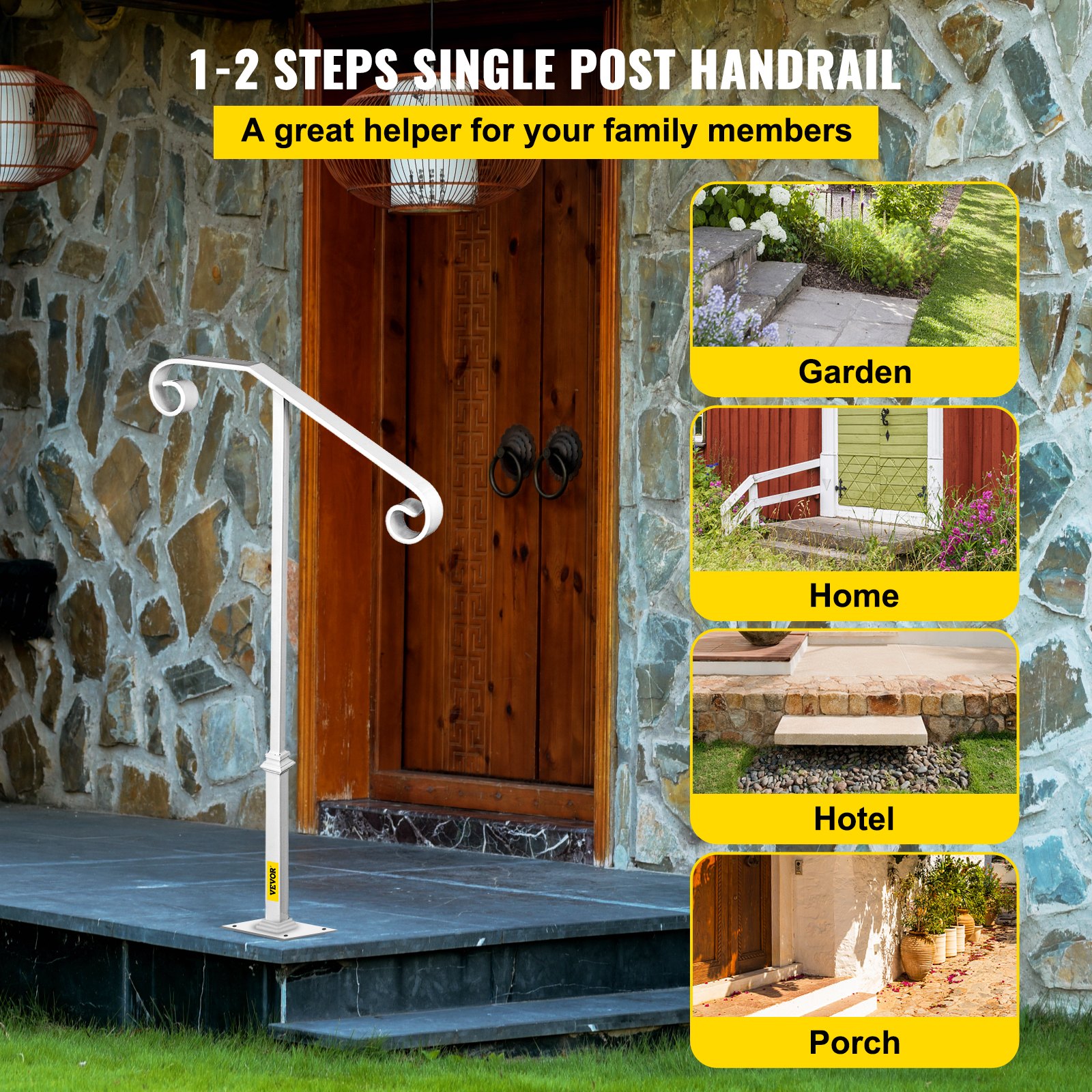 VEVOR Single Post Handrail White Wrought Iron Post Mount Step Grab ...