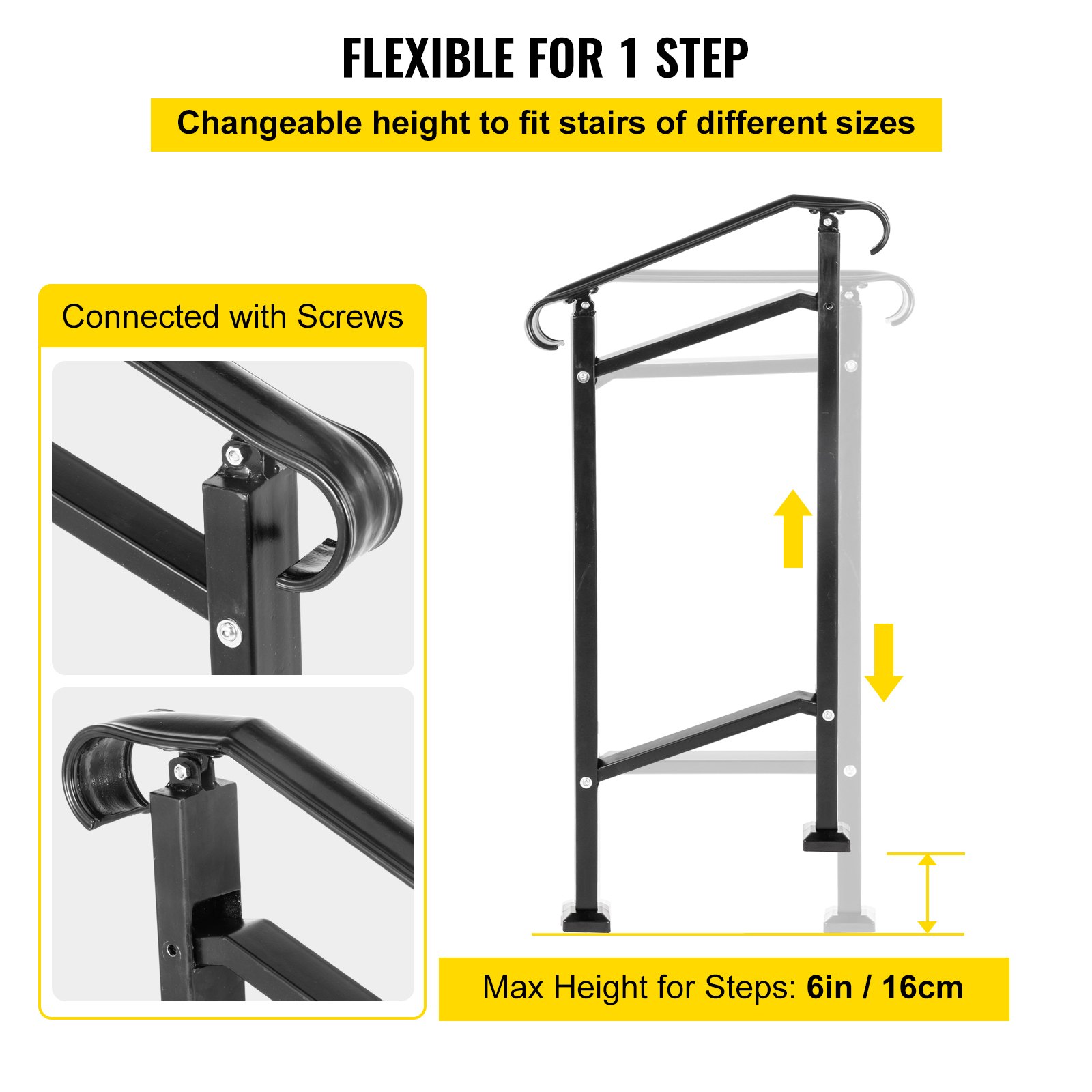 VEVOR Outdoor Stair Railing, Fit 1 or 2 Steps Wrought Iron Handrail ...