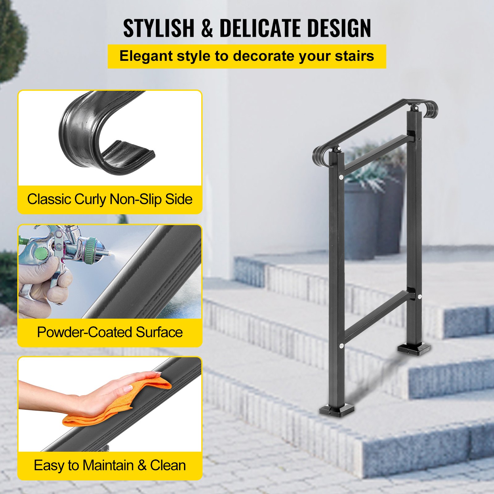 VEVOR Outdoor Stair Railing, Fit 1 or 2 Steps Wrought Iron Handrail ...