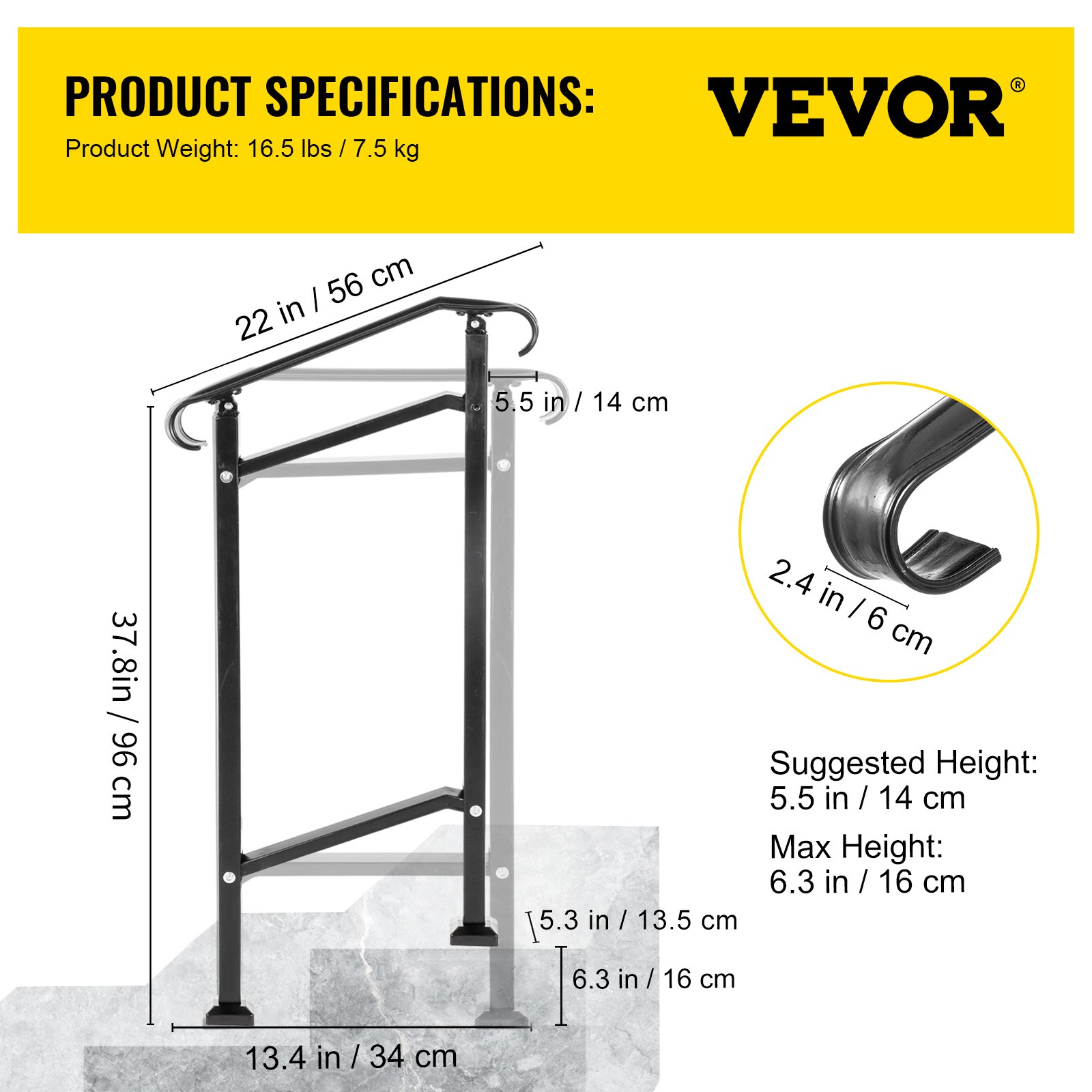 VEVOR Outdoor Stair Railing, Fit 1 or 2 Steps Wrought Iron Handrail ...
