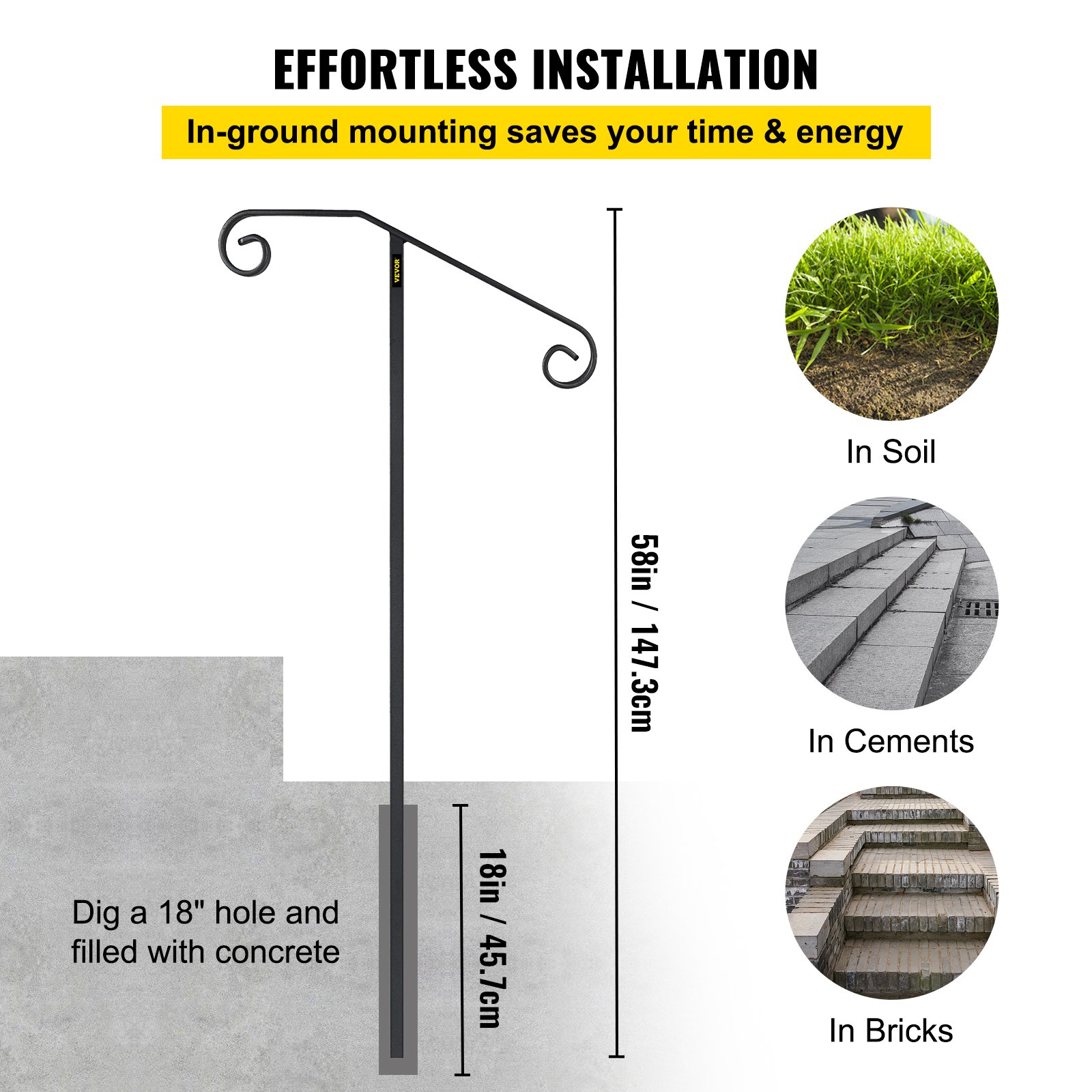 VEVOR Single Post Handrail Wrought Iron Post Mount Step Grab Supports ...