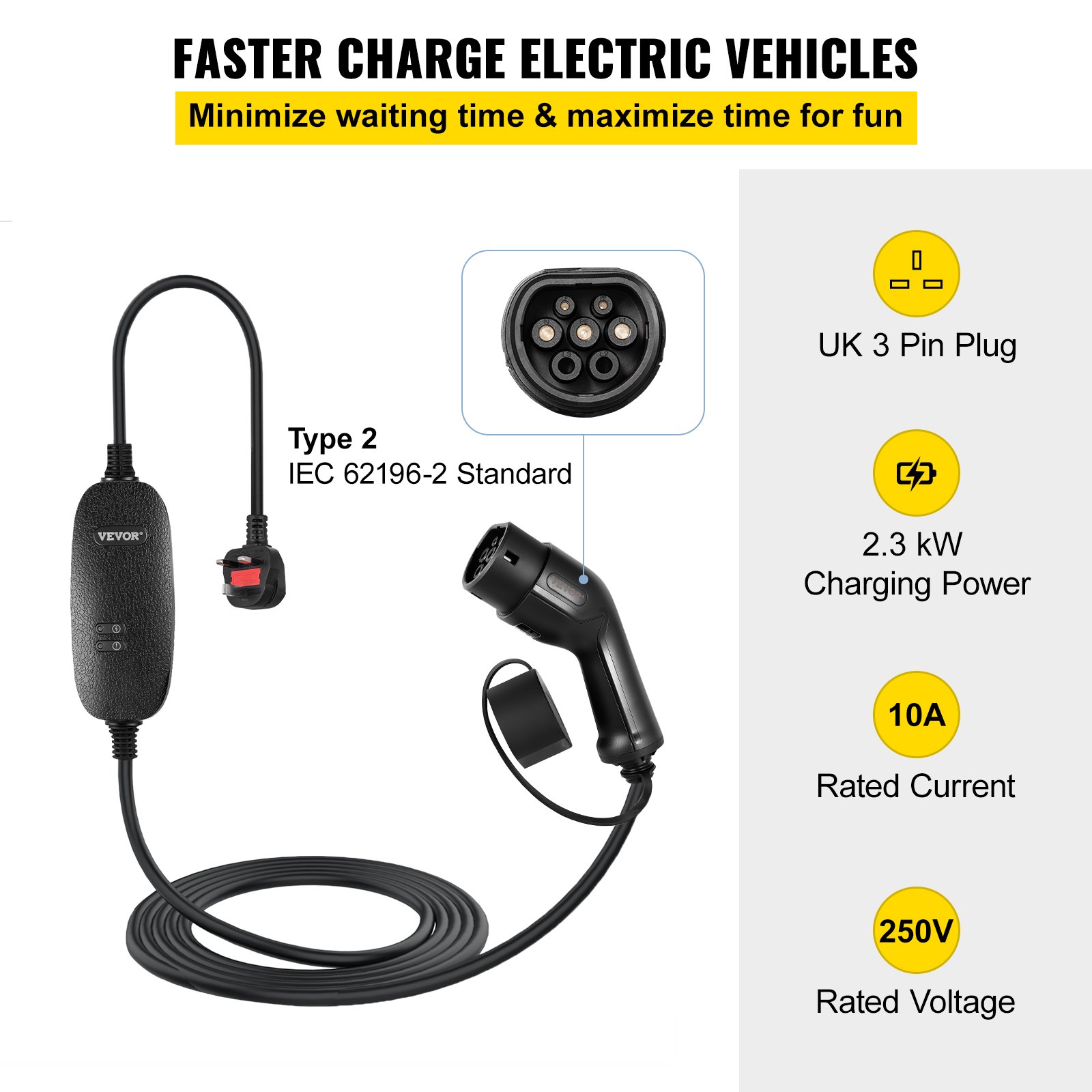 VEVOR VEVOR Portable EV Charger EV Charging Cable Type 2 UK Plug 3 Pin ...