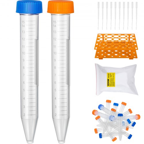 VEVOR Conical Plastic Centrifuge Test Tubes 15mL EO Sterilized w/ Rack ...