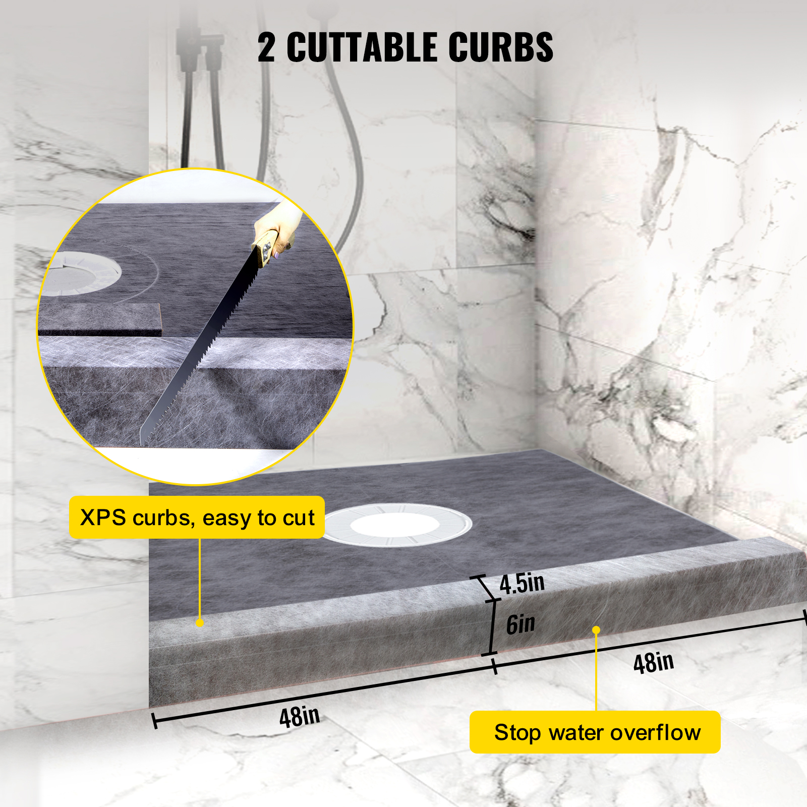 VEVOR Shower Curb Kit, 48"x48" Watertight Shower Curb Overlay with 4 ...