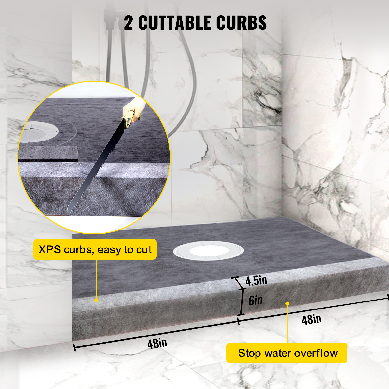 VEVOR Shower Curb Kit, 48"x72" Watertight Shower Curb Overlay with 4 ...