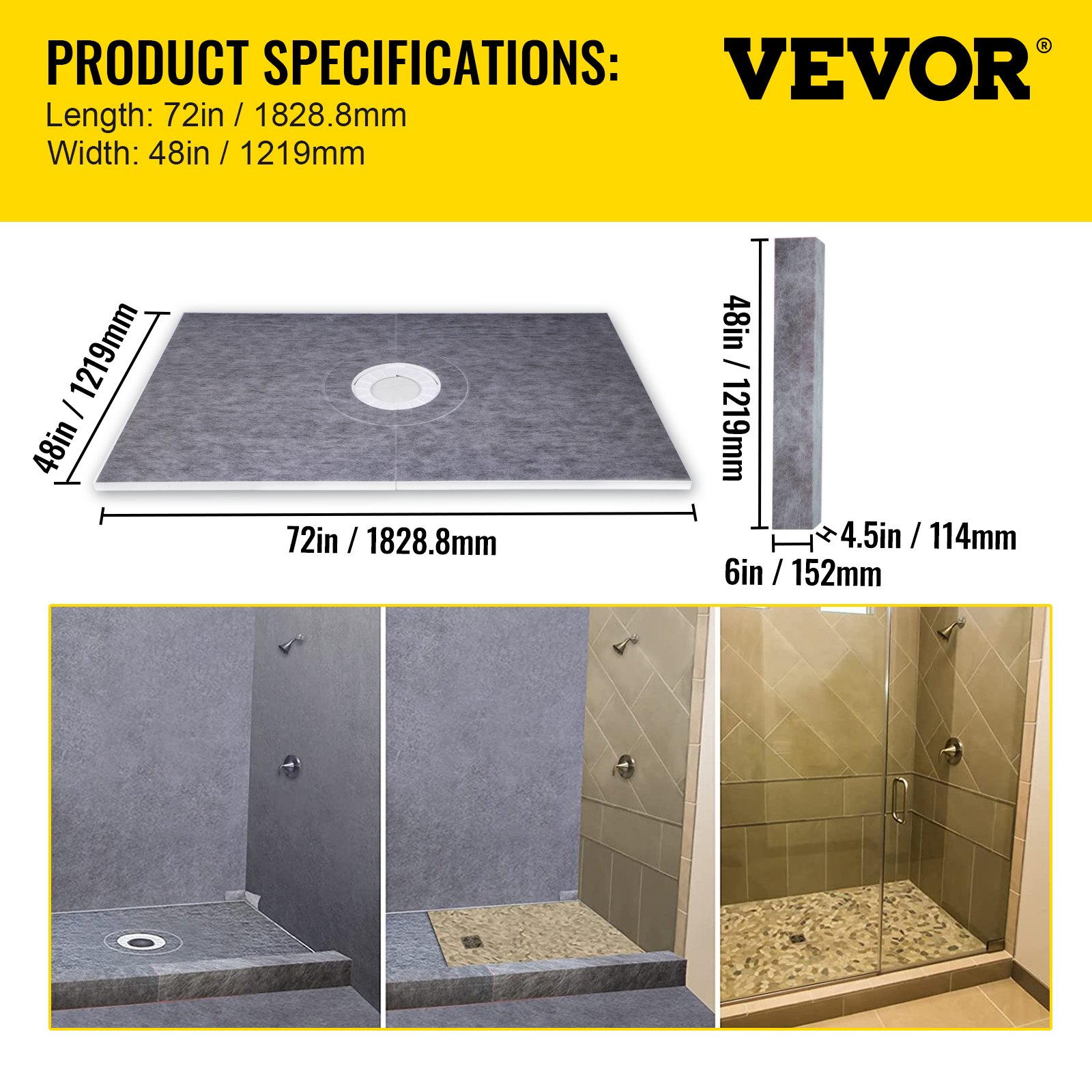 Vevor 48''x72'' Shower Kit With Shower Tray & Curb With Central Drain ...
