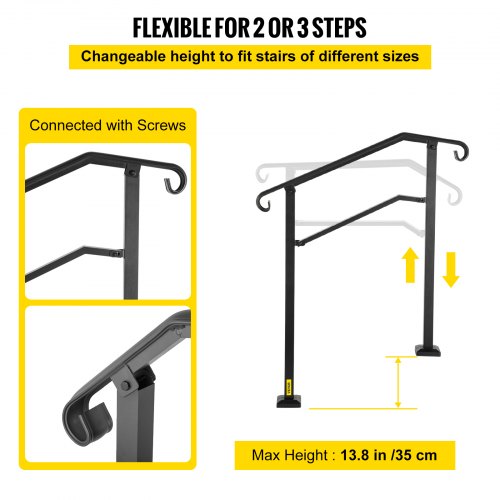 VEVOR Stair Railing Hand Rail Kit Fit 2 or 3 Steps Alloy Metal Step ...