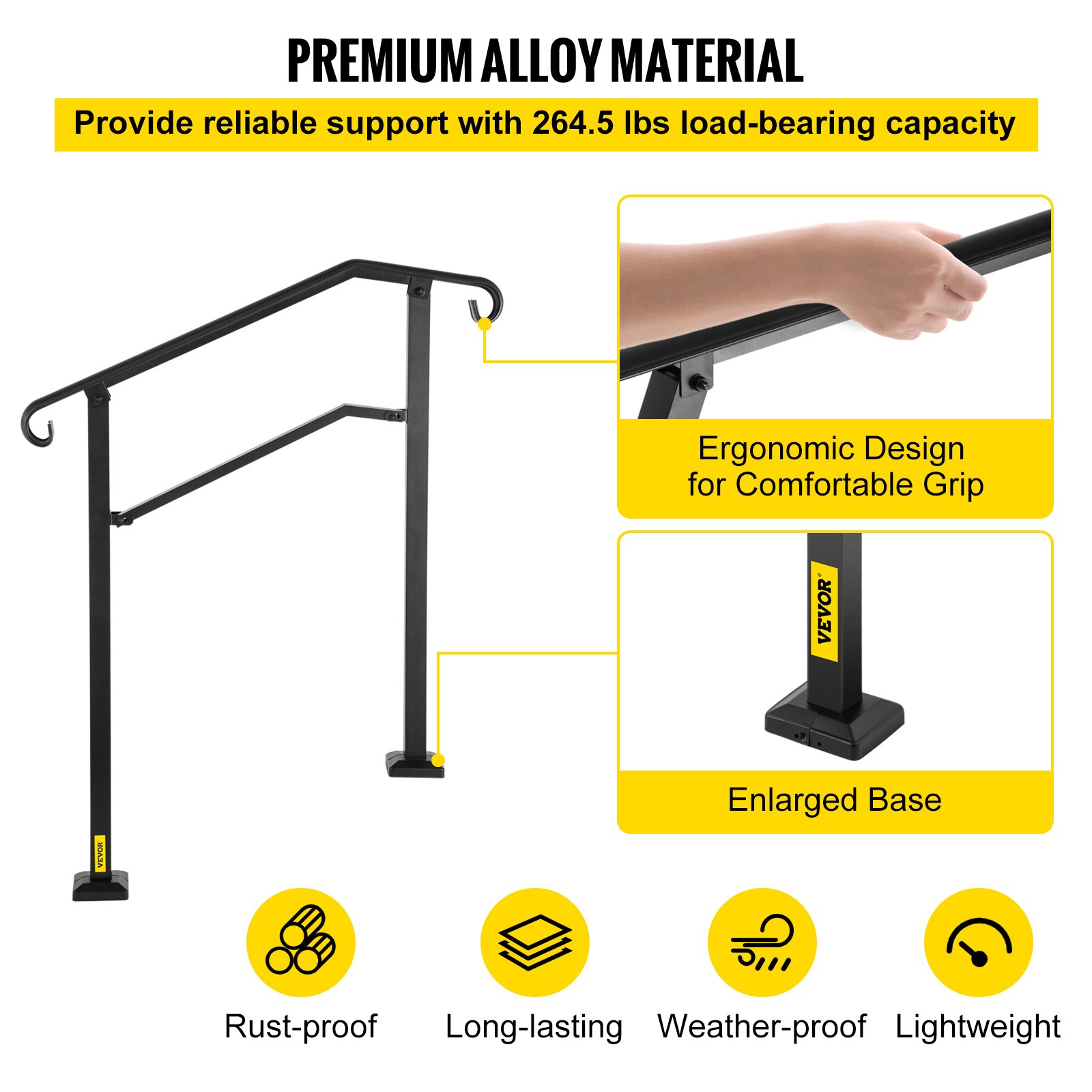 VEVOR Stair Railing Hand Rail Kit Fit 2 or 3 Steps Alloy Metal Step ...