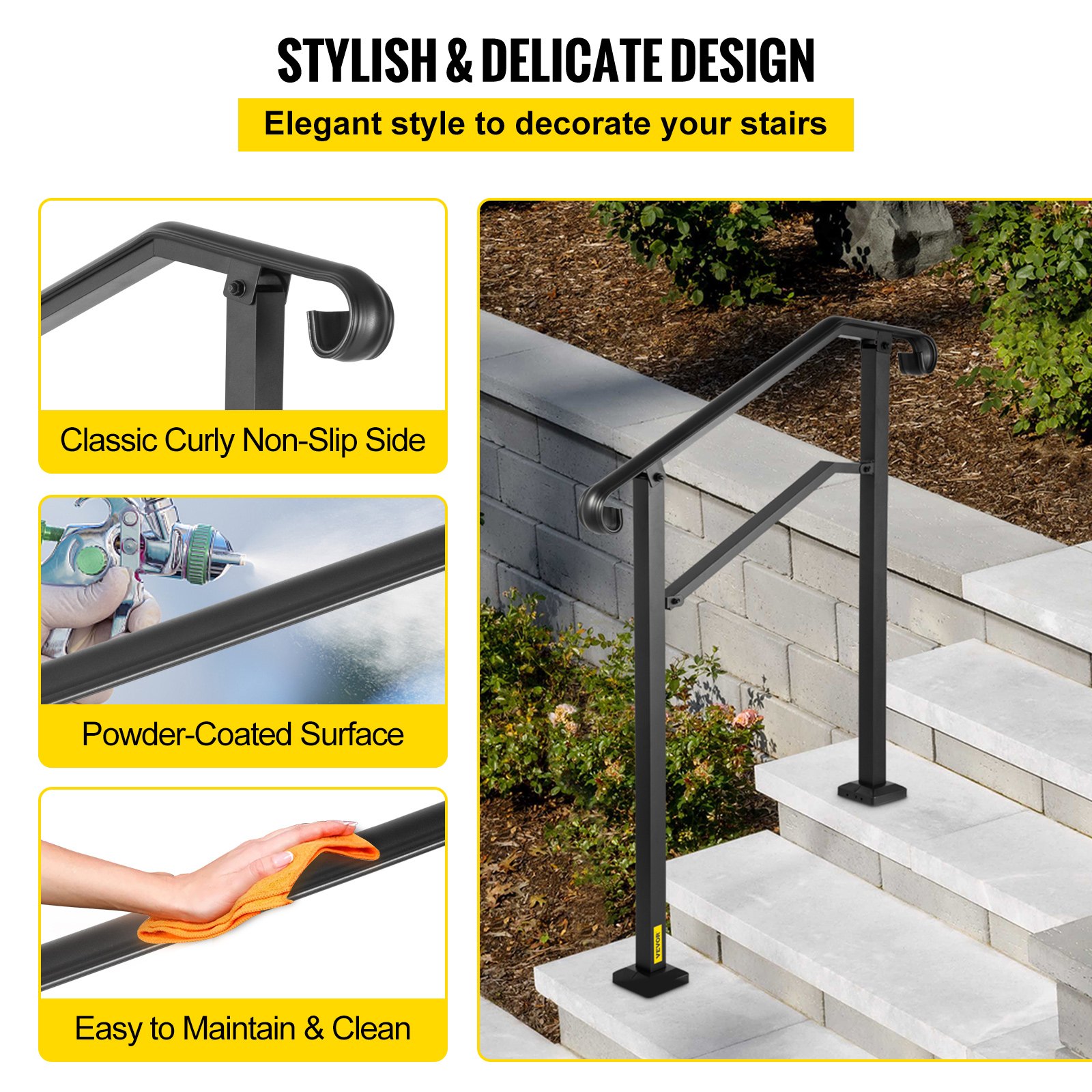 VEVOR Stair Railing Hand Rail Kit Fit 2 or 3 Steps Alloy Metal Step ...