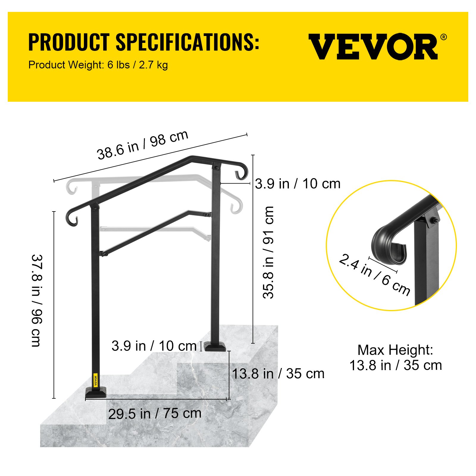 VEVOR Stair Railing Hand Rail Kit Fit 2 or 3 Steps Alloy Metal Step ...