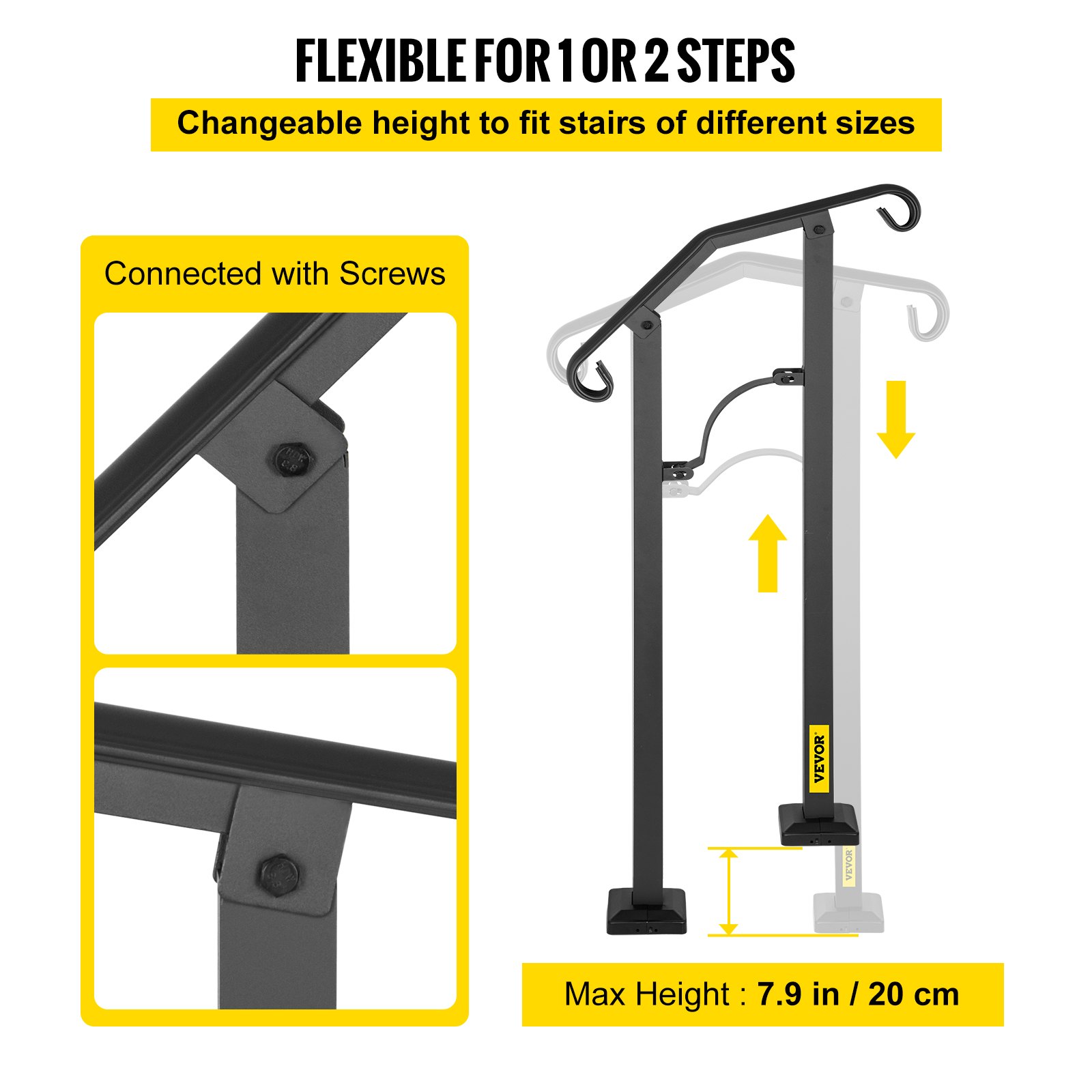 VEVOR Outdoor Hand Rail 1 - 2 Steps Aluminum Handrail Adjustable Stair ...