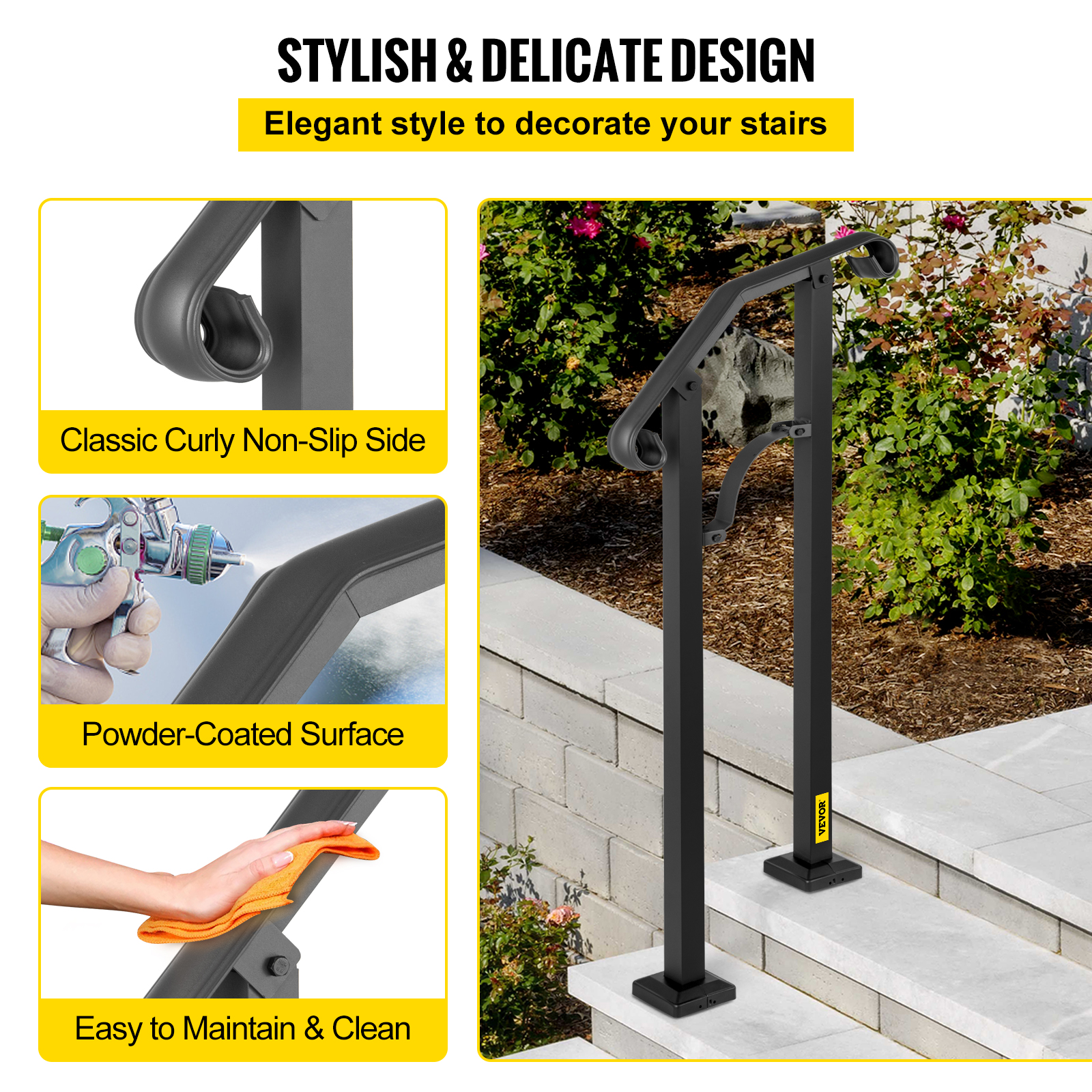 VEVOR Stair Railing Hand Rail Kit Fit 1 or 2 Steps Alloy Metal Step ...