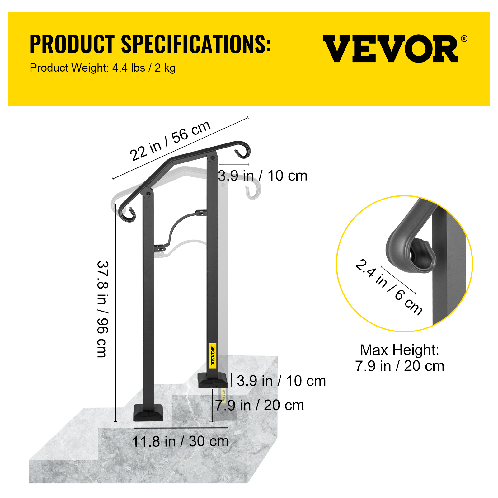 VEVOR Stair Railing Hand Rail Kit Fit 1 or 2 Steps Alloy Metal Step ...