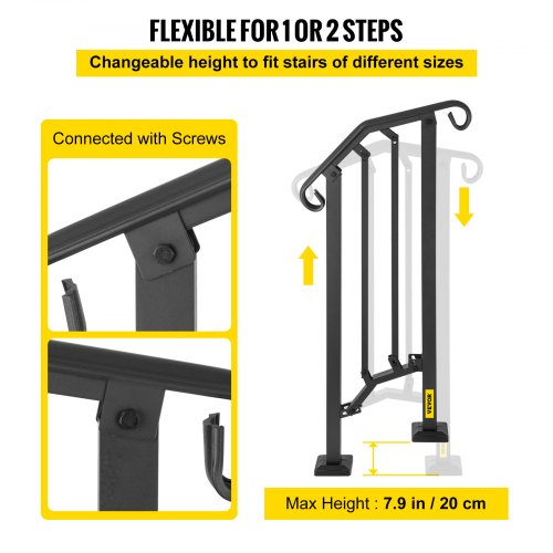 VEVOR Stair Railing Hand Rail Kit Fit 1 or 2 Steps Alloy Metal Step ...