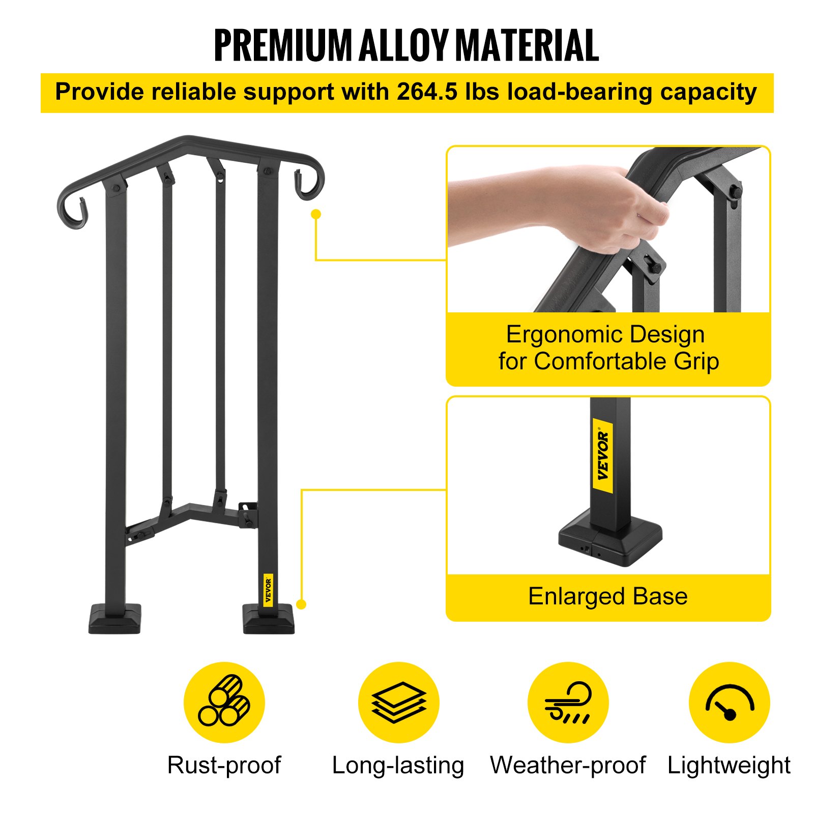 VEVOR Stair Railing Hand Rail Kit Fit 1 or 2 Steps Alloy Metal Step ...