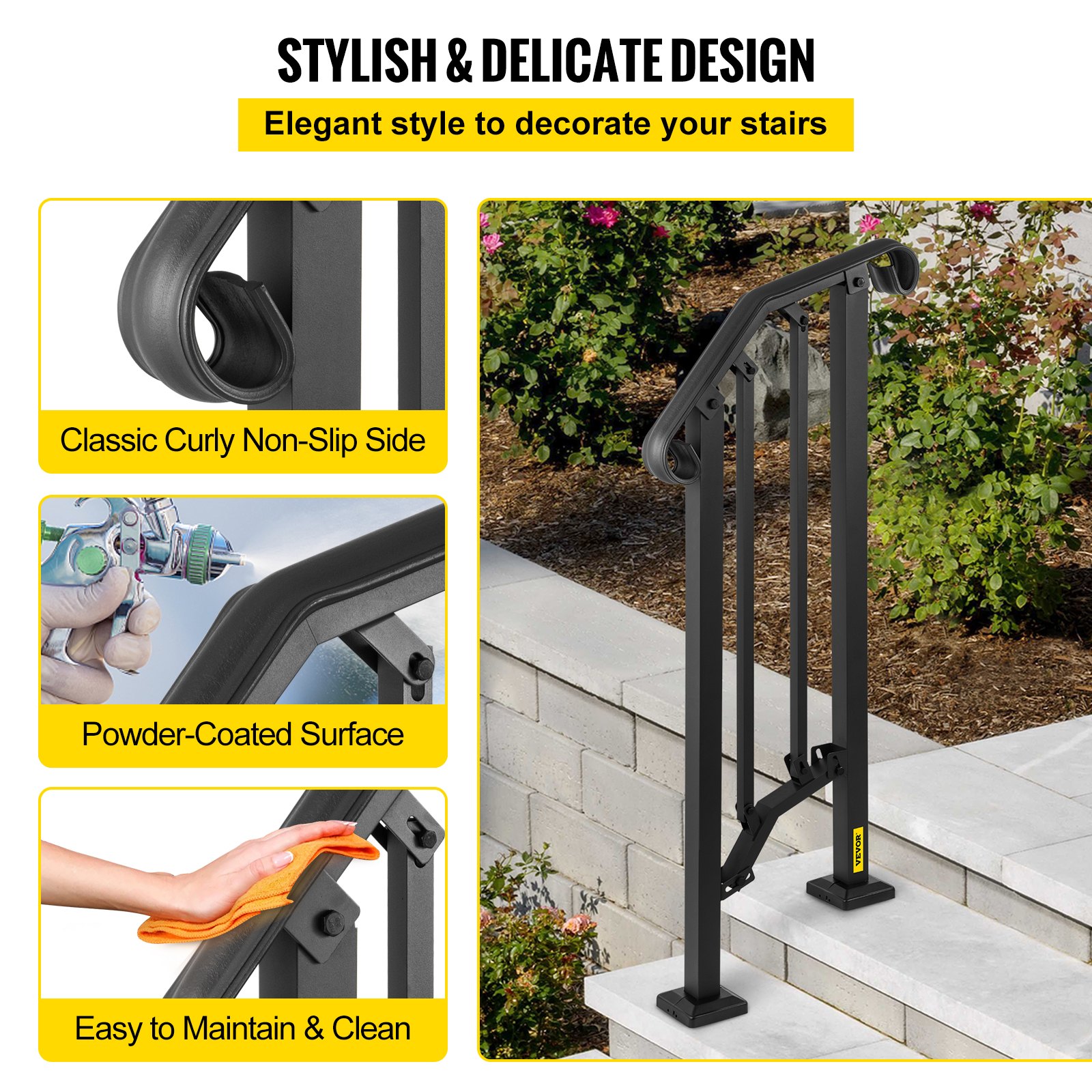 VEVOR Stair Railing Hand Rail Kit Fit 1 or 2 Steps Alloy Metal Step ...