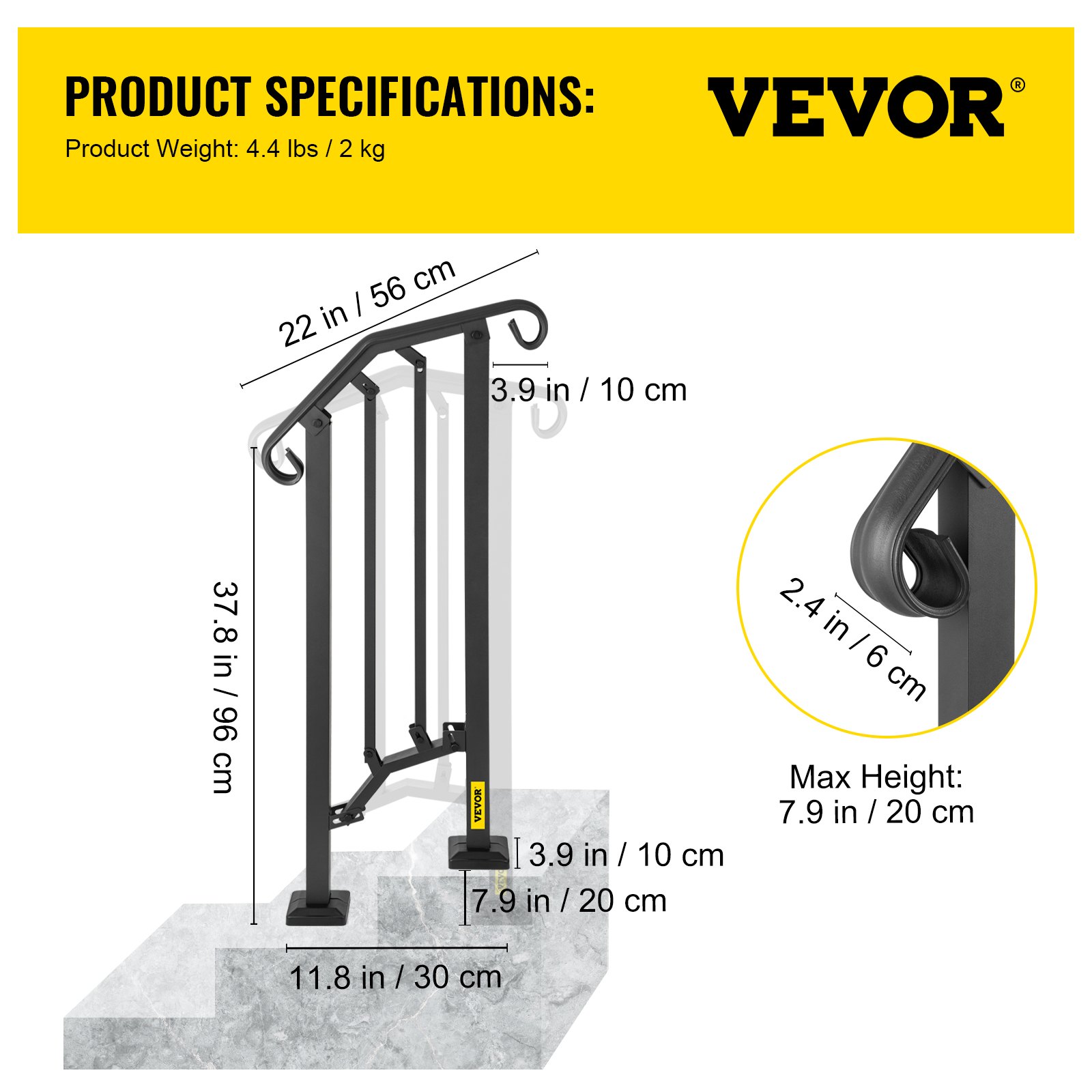 VEVOR Stair Railing Hand Rail Kit Fit 1 or 2 Steps Alloy Metal Step ...