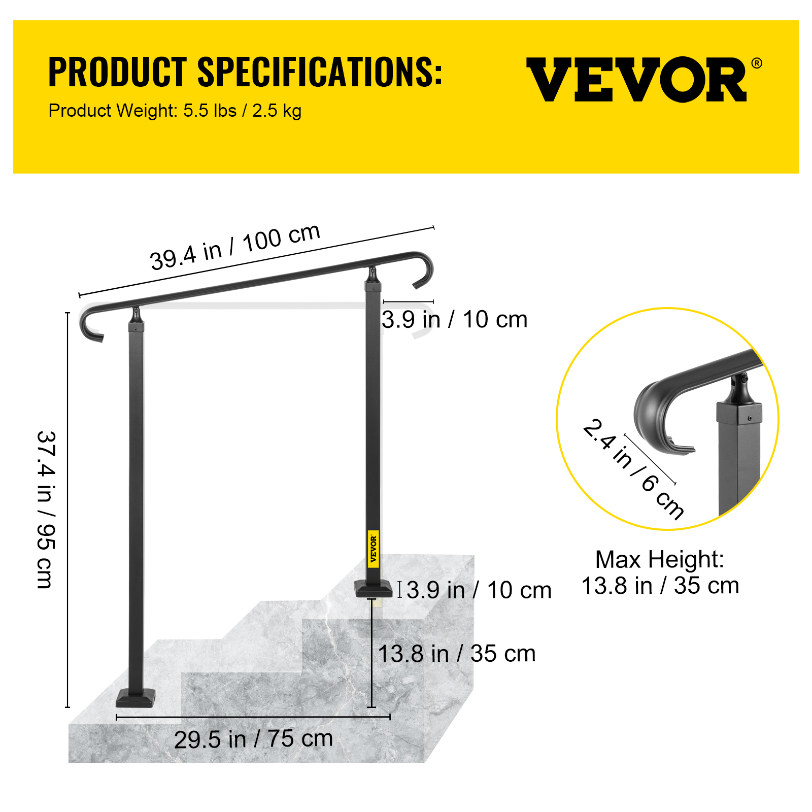 VEVOR Stair Railing Hand Rail Kit Fit 2 or 3 Steps Alloy Metal Step ...