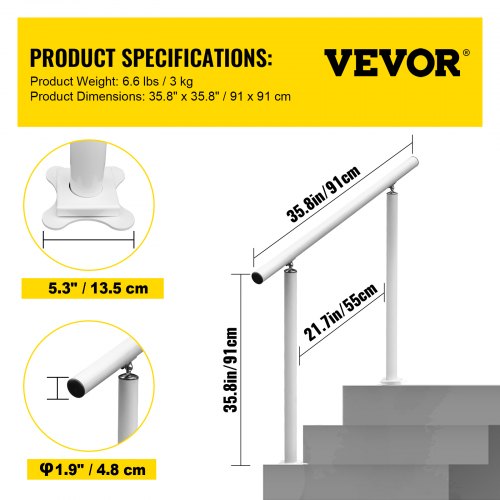VEVOR Outdoor Stair Railing Kit, 3 FT Handrails 2-3 Steps, Adjustable ...