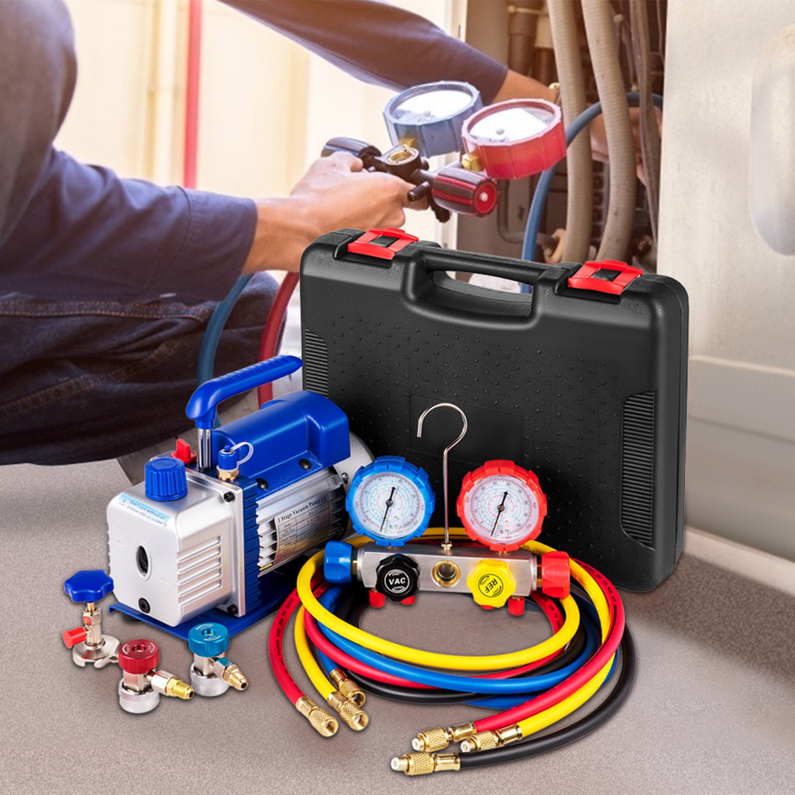VEVOR Vacuum Pump 3.6CFM 1/4 HP Single Stage HVAC A/C Refrigeration Kit ...