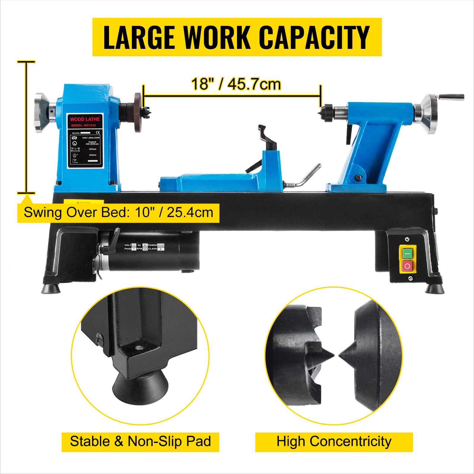 VEVOR Wood Lathe 10 x 18 Inch,Bench Top Heavy Duty Wood Lathe 5 Speed ...