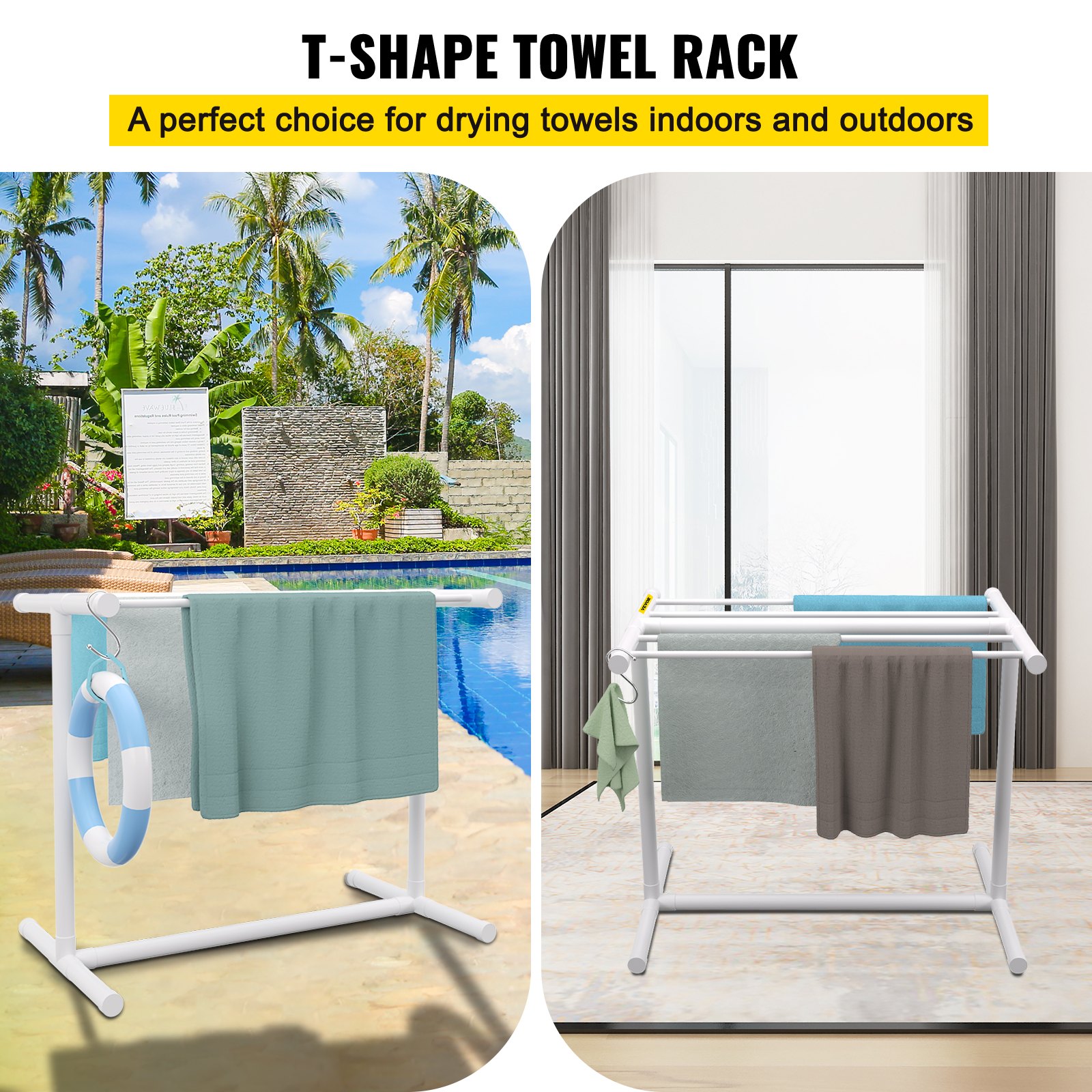 VEVOR Pool Towel Rack, 5 Bar, White, Freestanding Outdoor PVC T-Shape ...