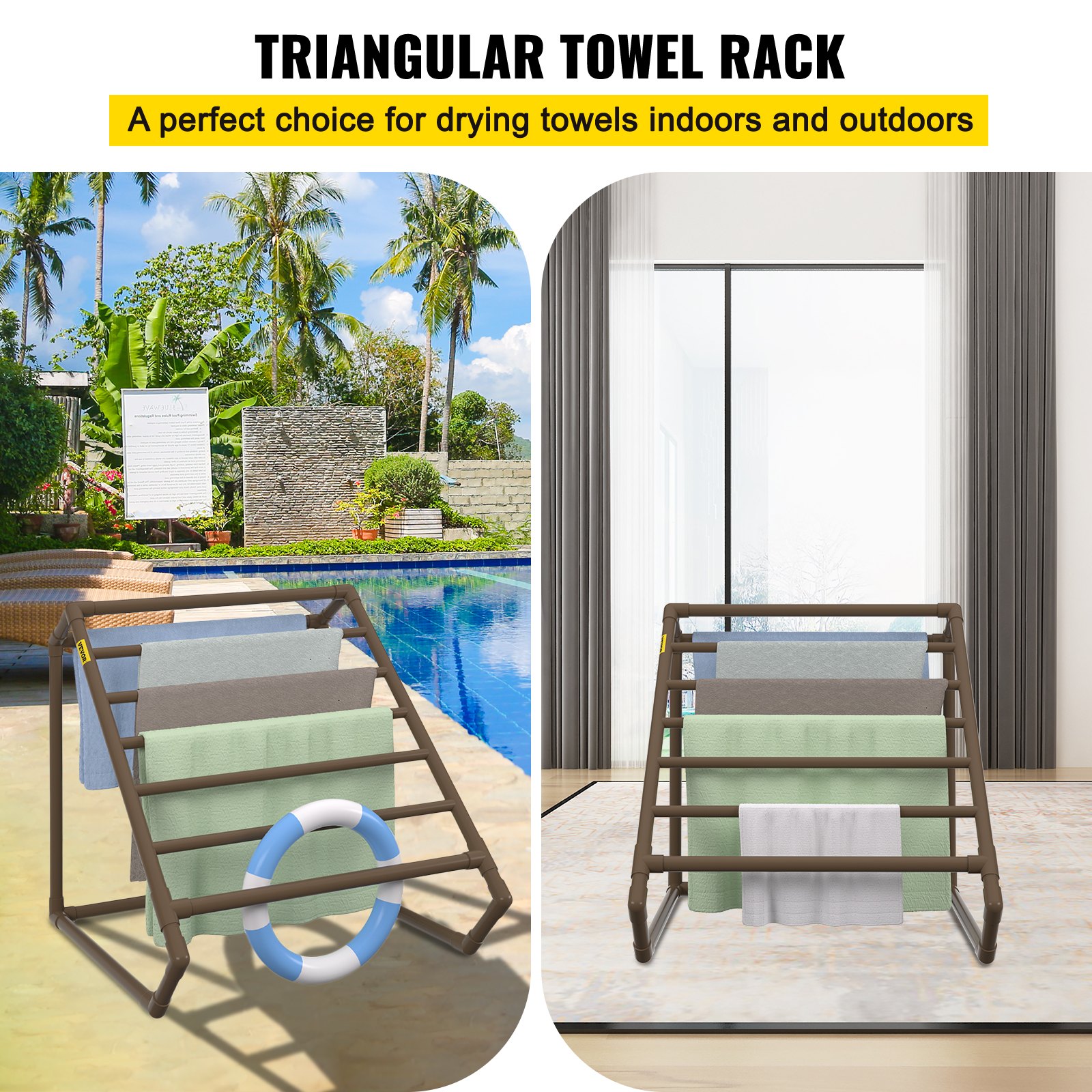 VEVOR Pool Towel Rack, 8 Bar, Brown, Freestanding Outdoor PVC ...