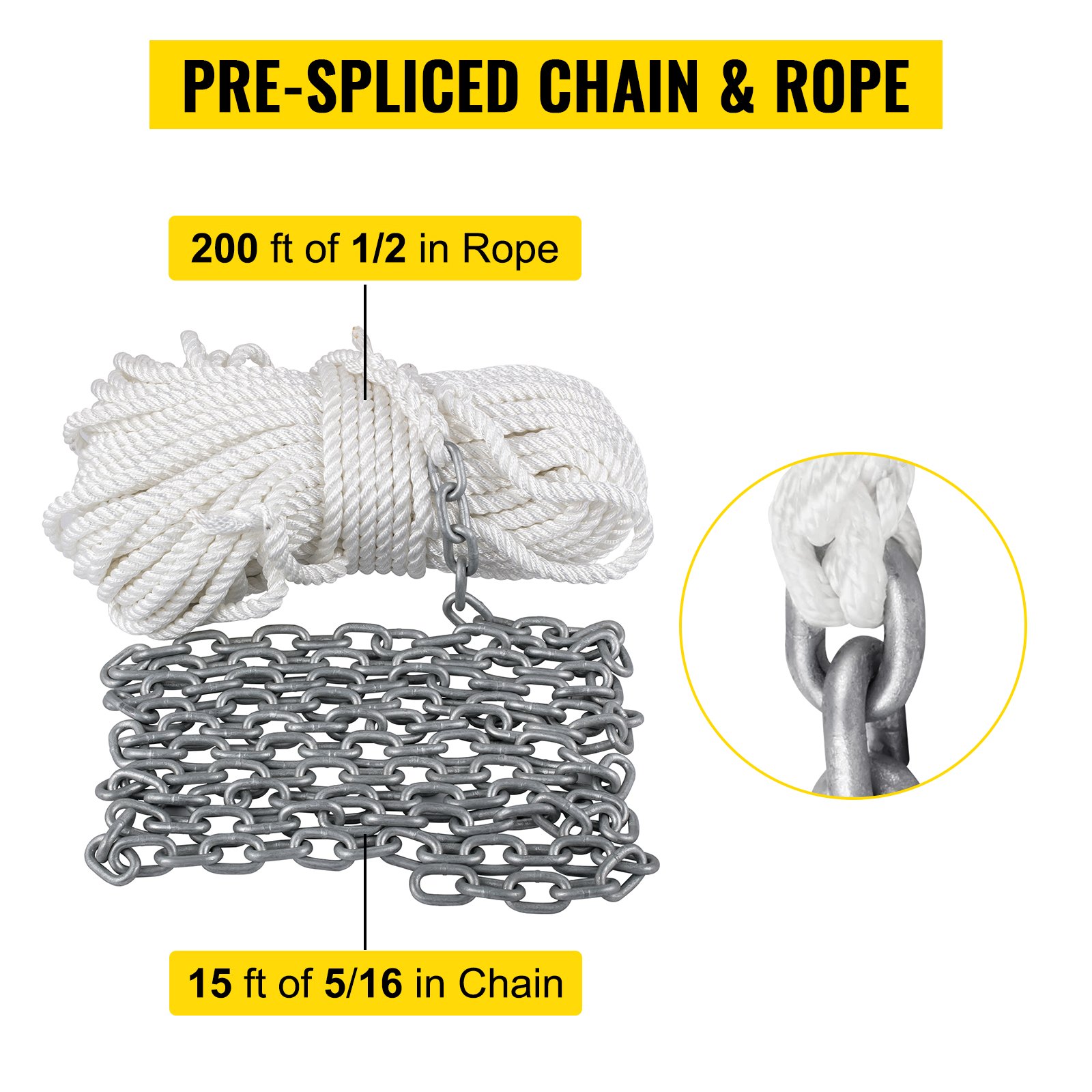 VEVOR Anchor Rode and Chain, 15' x 5/16" Boat Anchor Chain, 1/2" x 200 ...
