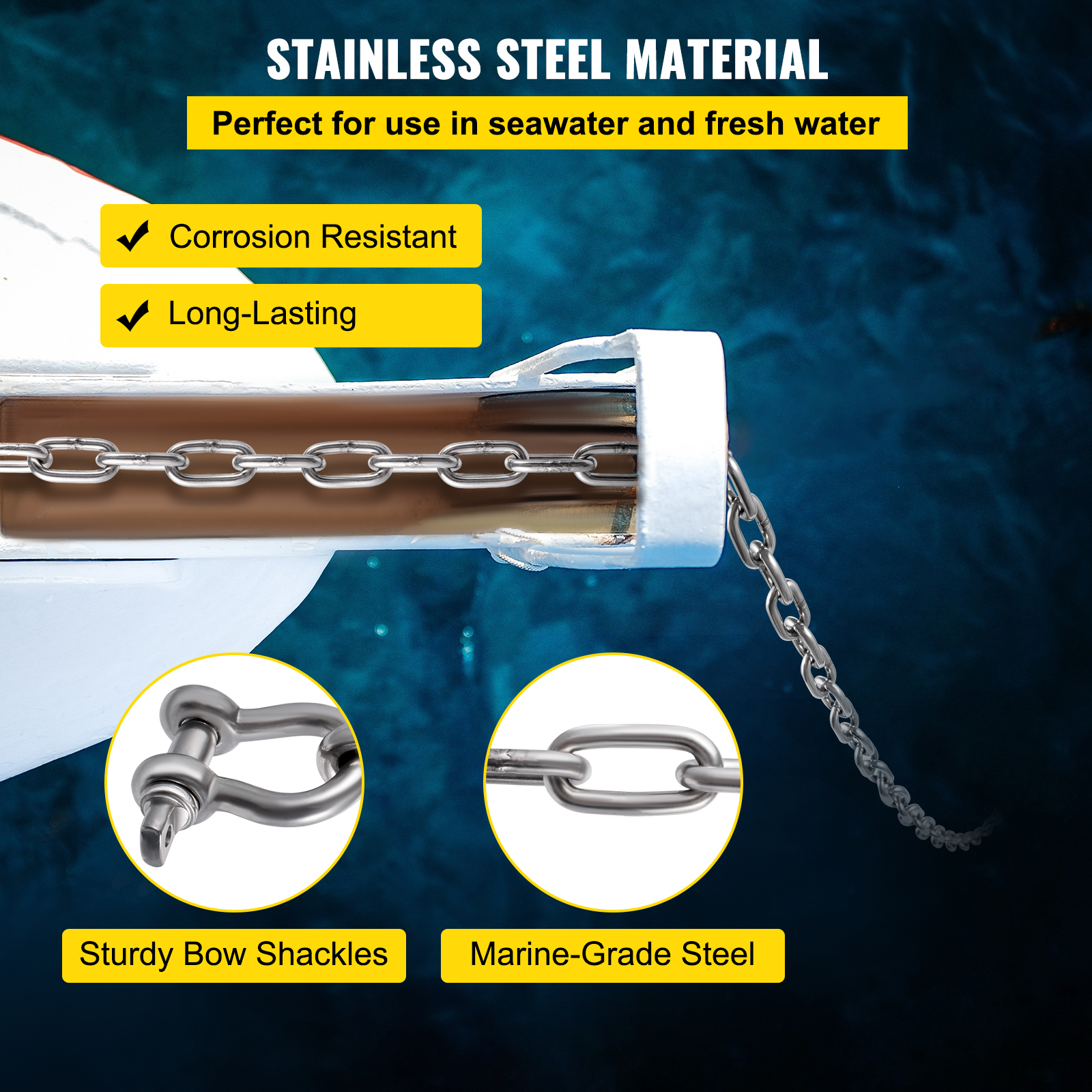 Vevor Boat Anchor Chain Stainless Steel Chain 10 Ft 5/16" Shackles For ...