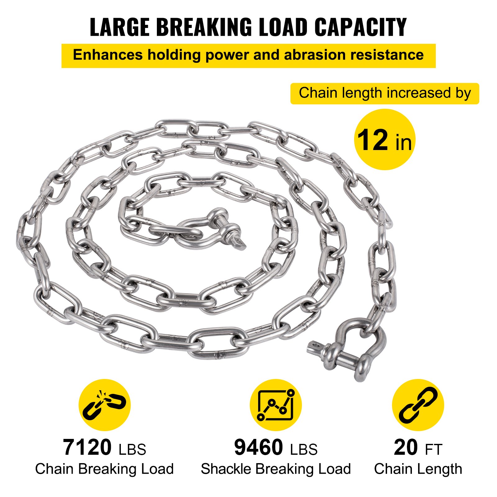 VEVOR Anchor Chain, 20' x 5/16" 316 Stainless Steel Chain, 3/8" Anchor ...