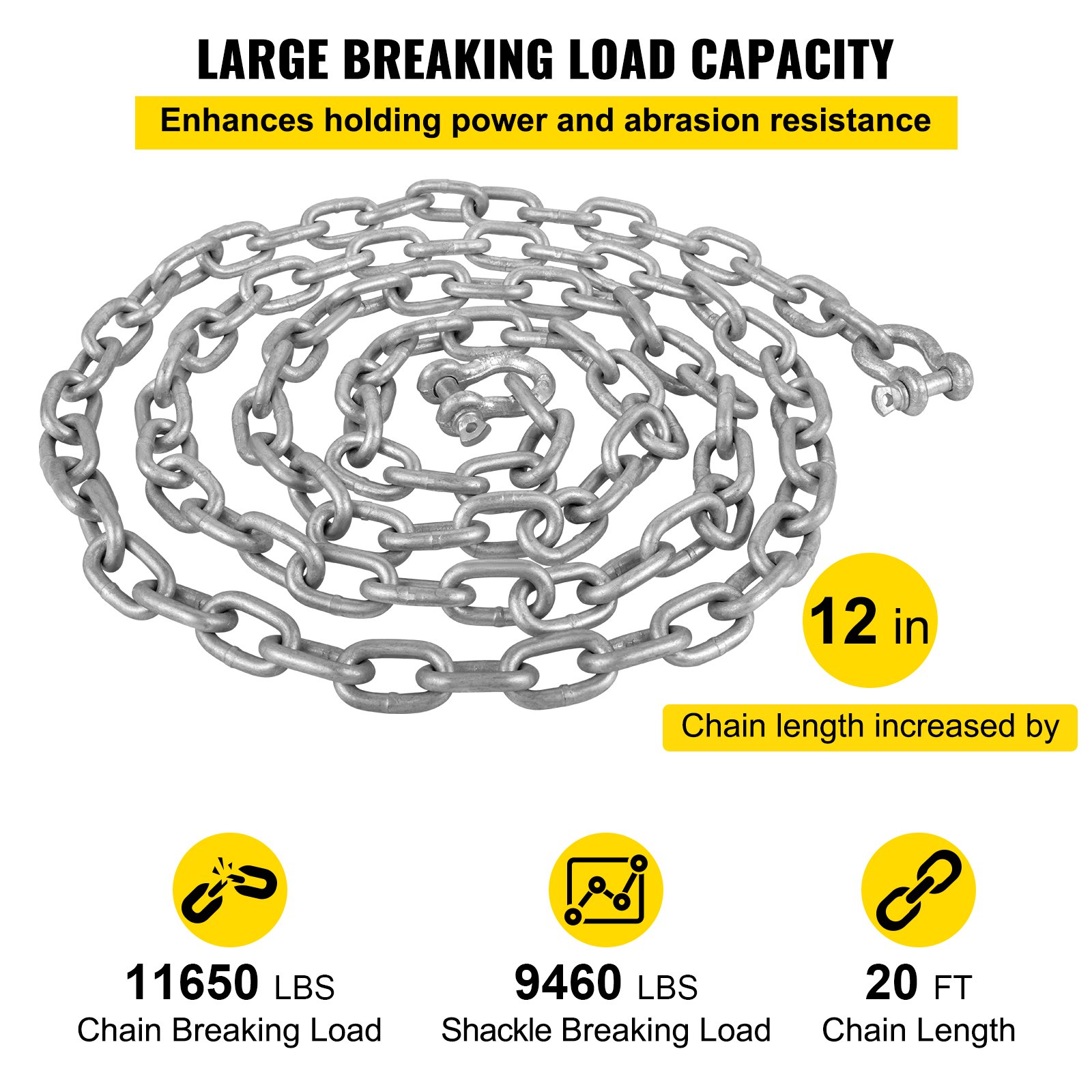 VEVOR Anchor Chain, 20' x 5/16" Galvanized Steel Chain, 3/8" Anchor ...