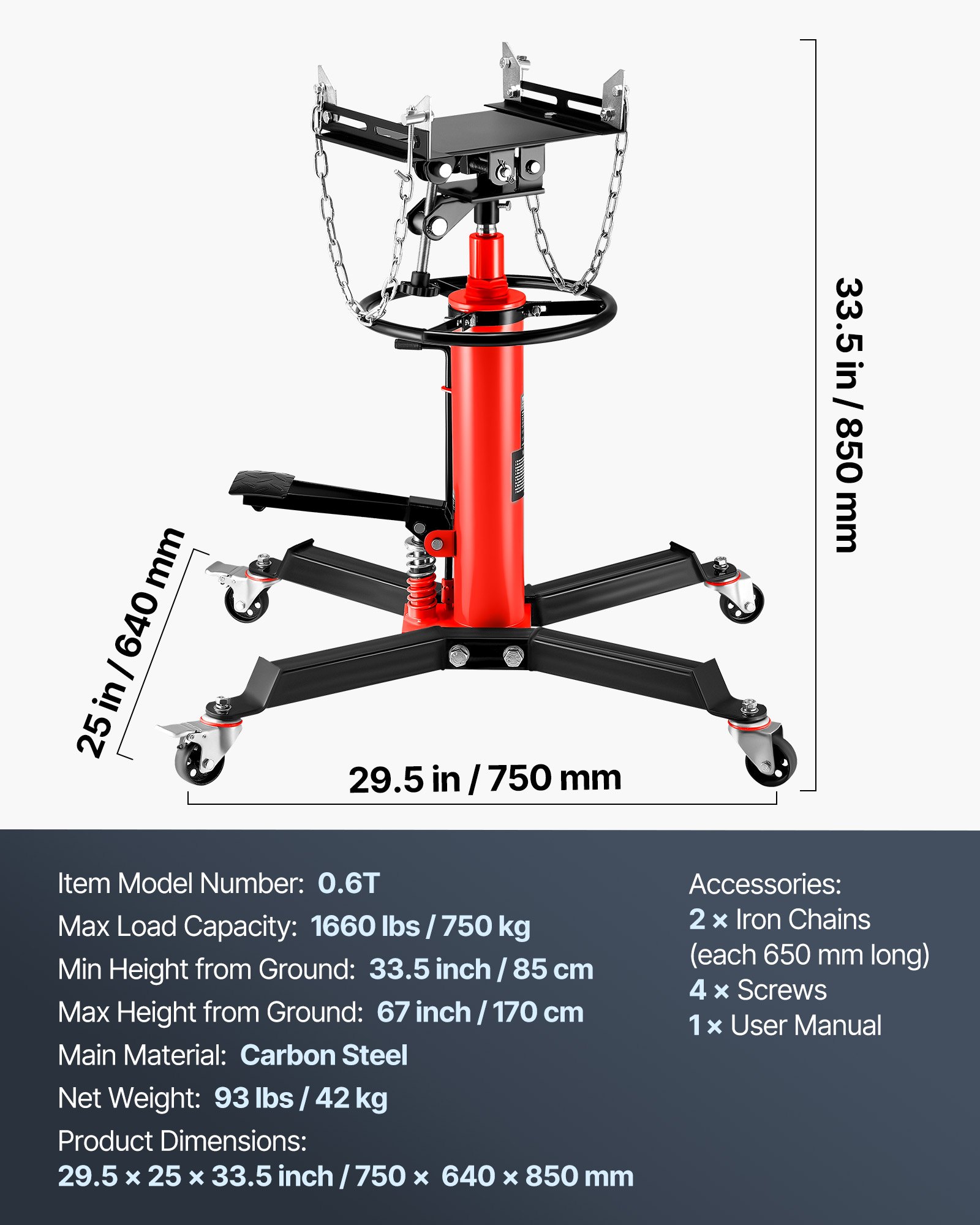 VEVOR Transmission Jack 1322 lbs 2-Stage Hydraulic High Lift Vertical ...